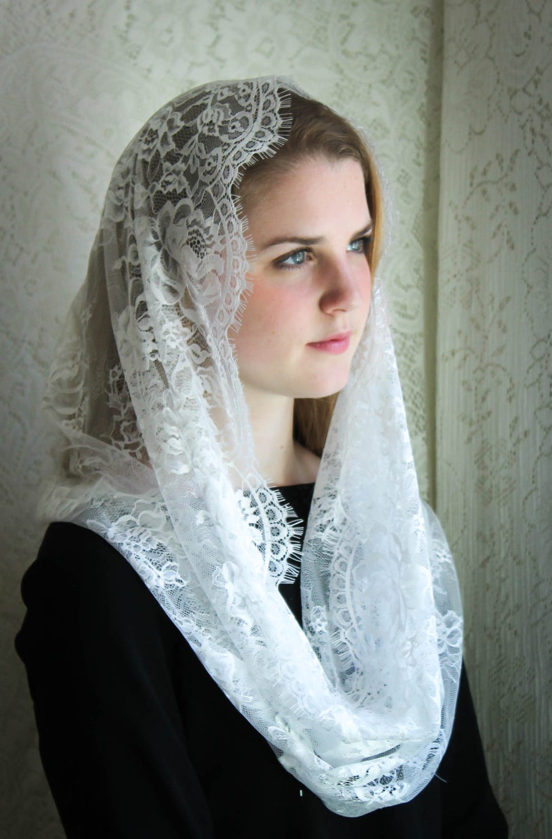 Evintage Veils~ Cream White Spanish Lace Chapel Veil Mantilla Infinity ...