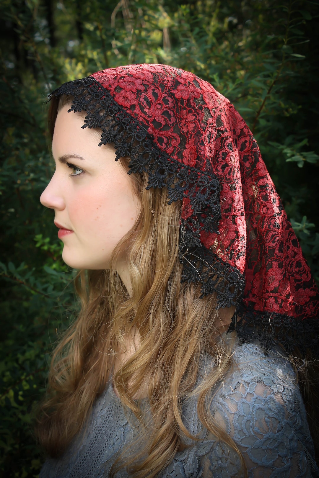 Evintage Veils~ Sacred Heart Deep Red Princess Style Spanish Lace Trim ...