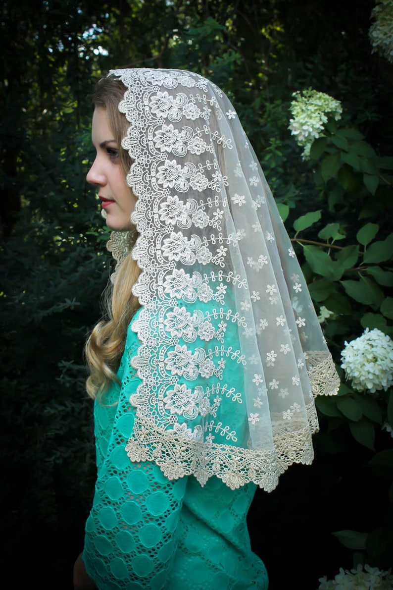Evintage Veils~ Our Lady of the Lily Gold Embroidered Lace Chapel Veil ...