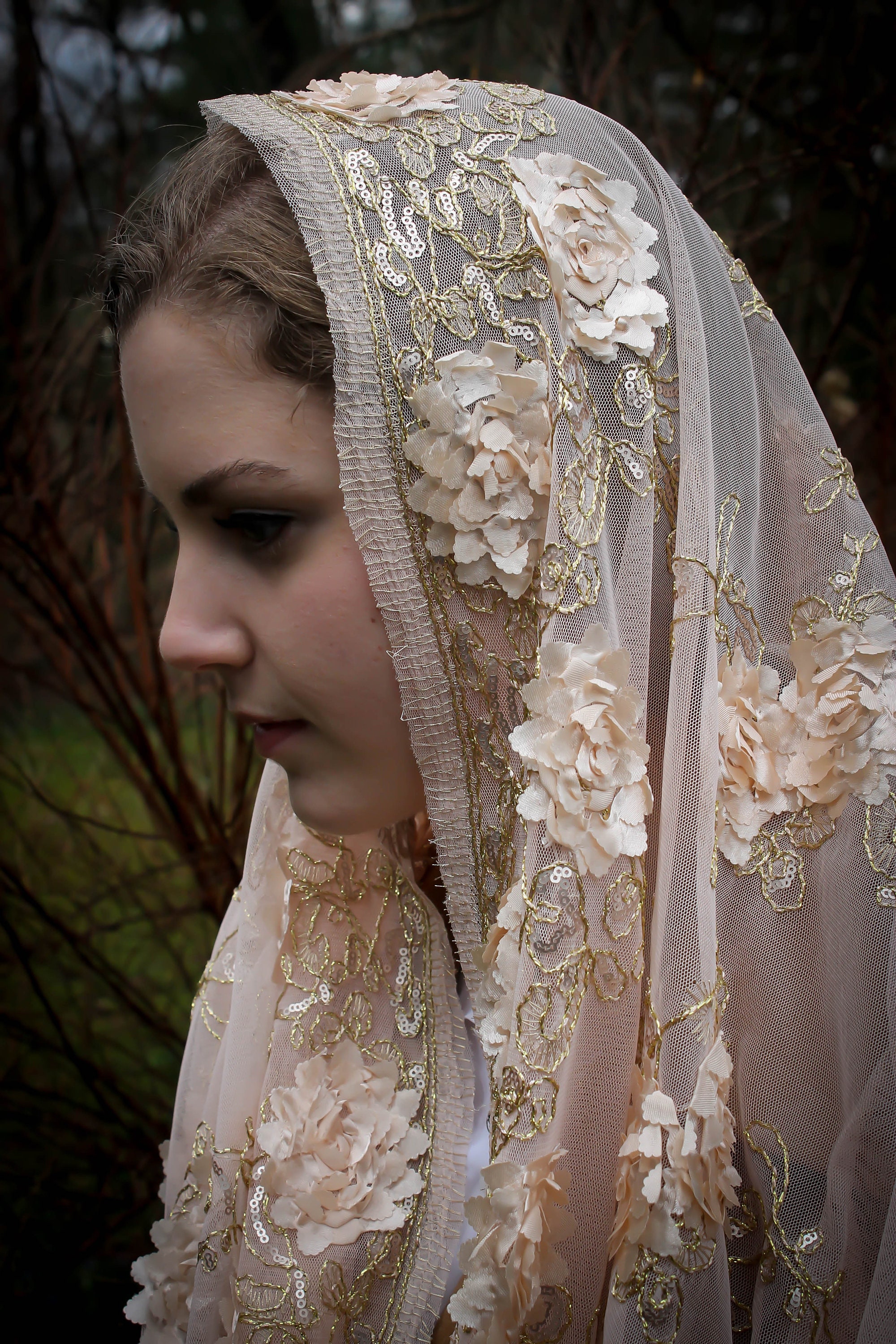 Evintage Veils~ Queen of Peace Soft Roses THREE COLORS Embroidered Lace ...