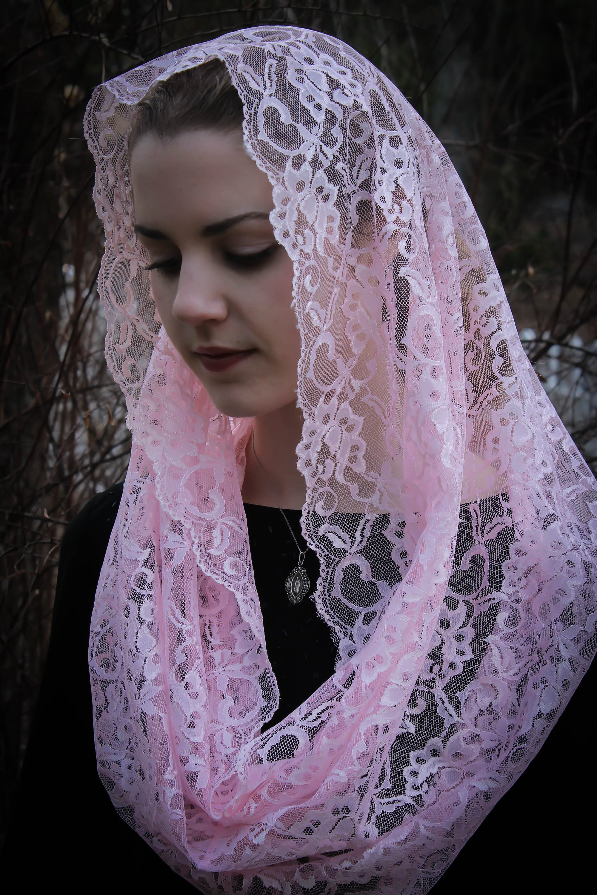 Evintage Veils~ Queen of Peace Shell Pink Embroidered Lace Chapel Veil ...