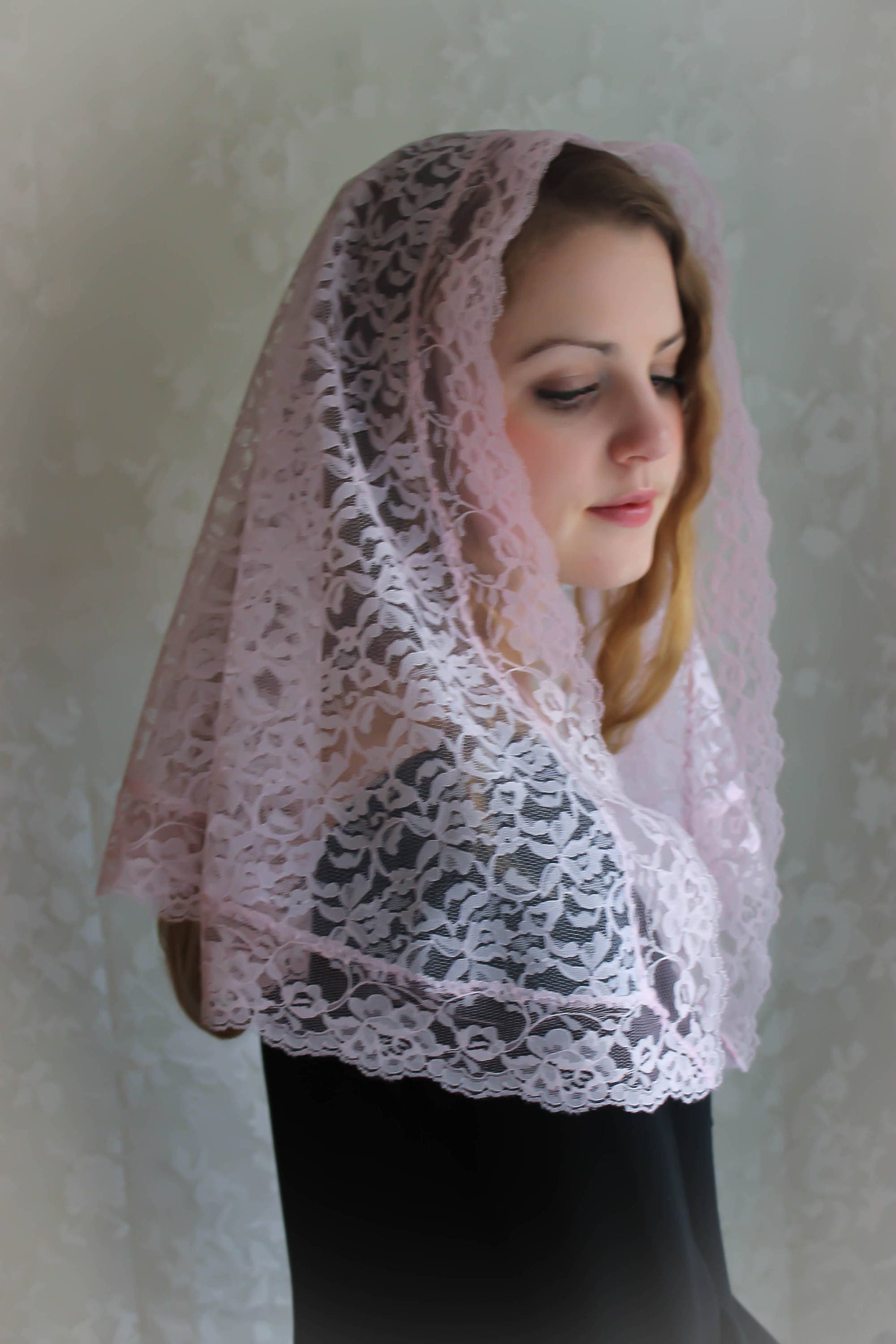 Evintage Veils~ Our Lady Mystical Rose Pink Lace Chapel Veil Mantilla ...