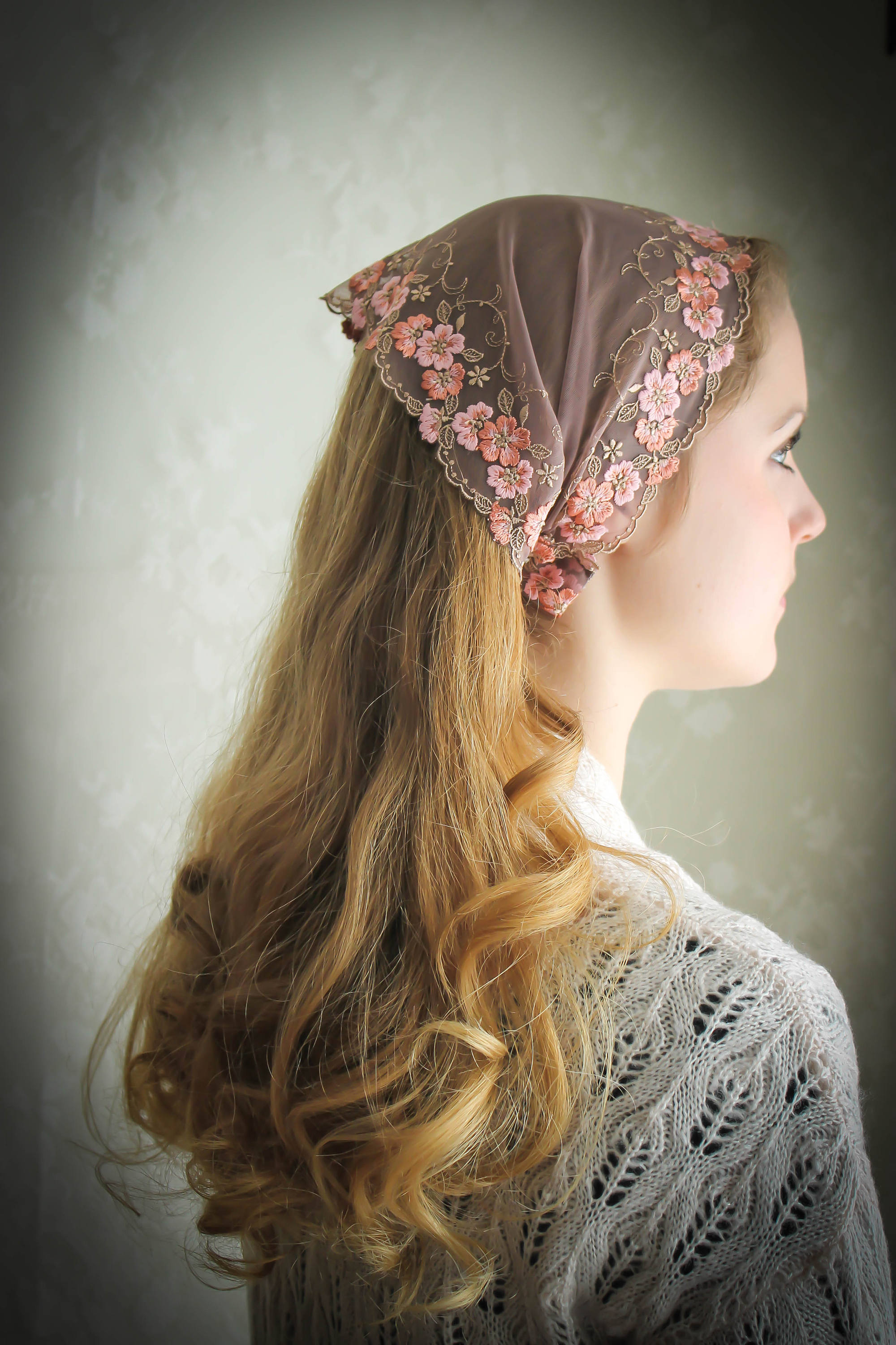 Evintage Veils~ So Soft Headwrap Embroidered Flower Blossom Lace ...