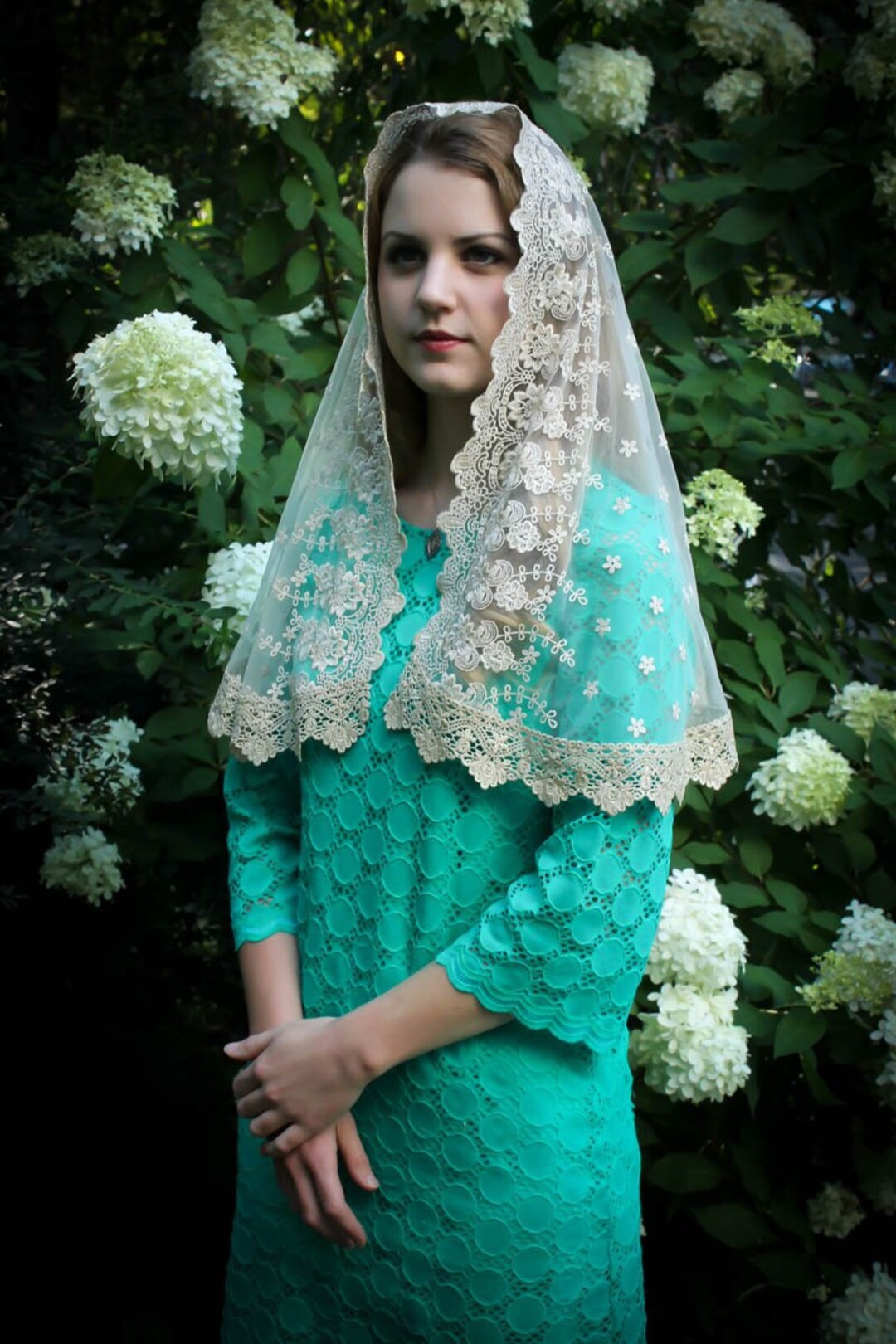Evintage Veils~ Our Lady of the Lily Gold Embroidered Lace Chapel Veil ...
