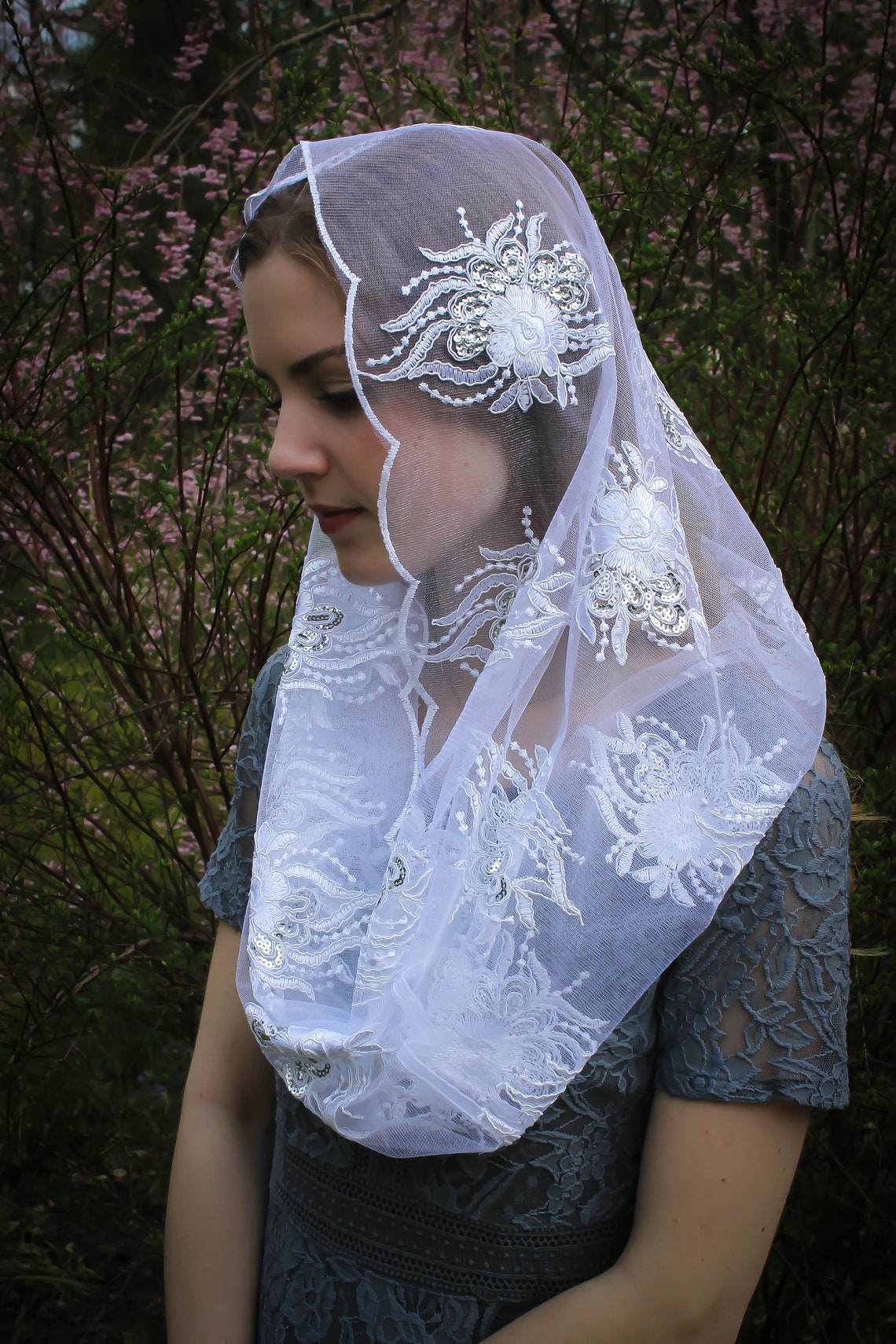 Evintage Veils~ Queen of Peace White/silver OR Gold on Champagne Sequin ...