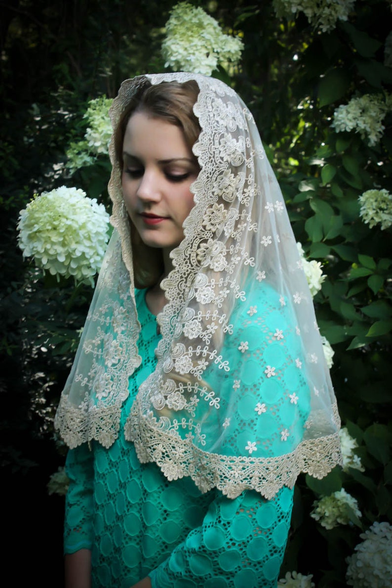 Evintage Veils~ Our Lady of the Lily Gold Embroidered Lace Chapel Veil ...