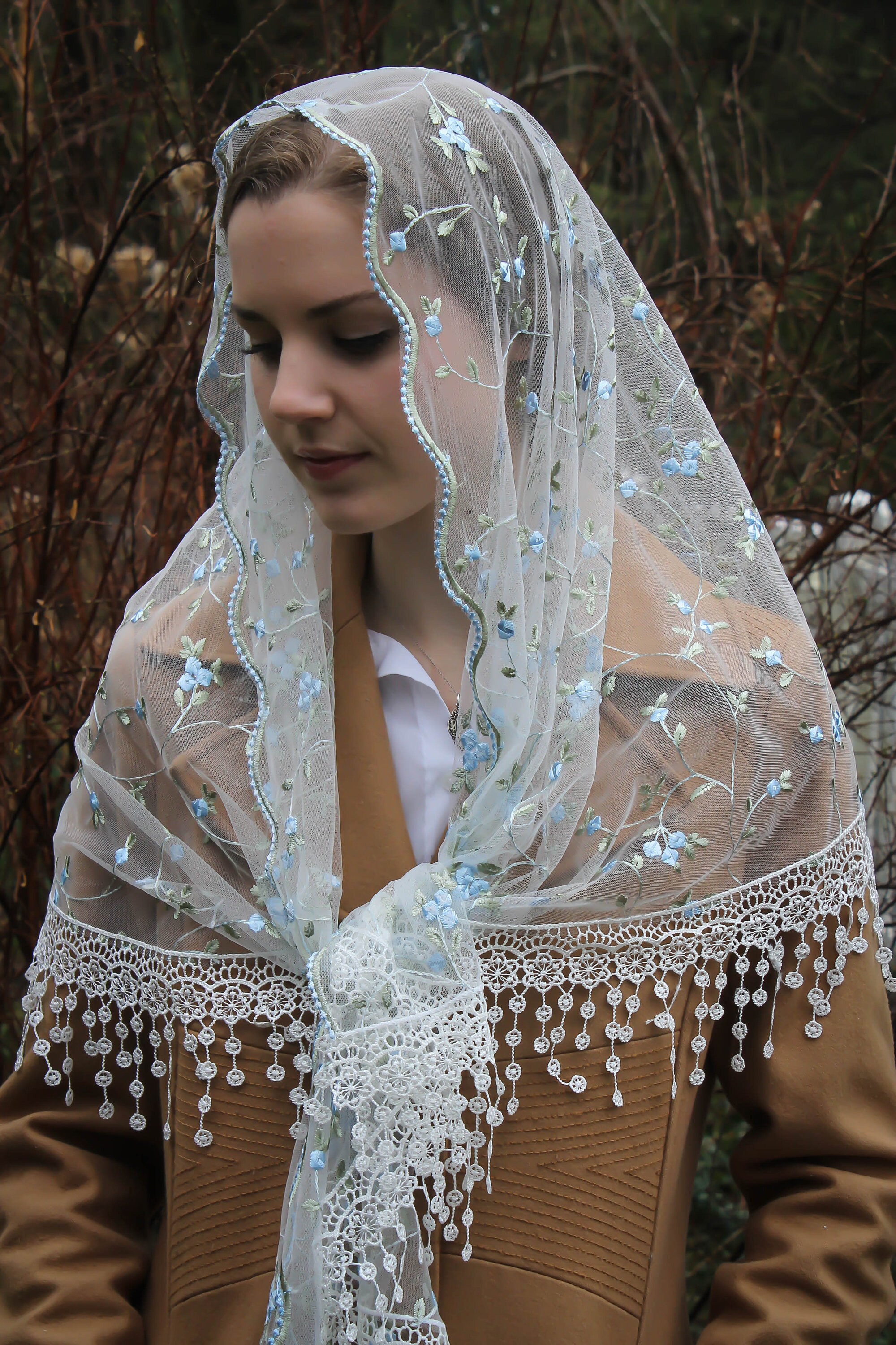 Evintage Veils~ST. Therese Little Flower Marian Blue Fringe Lace ...