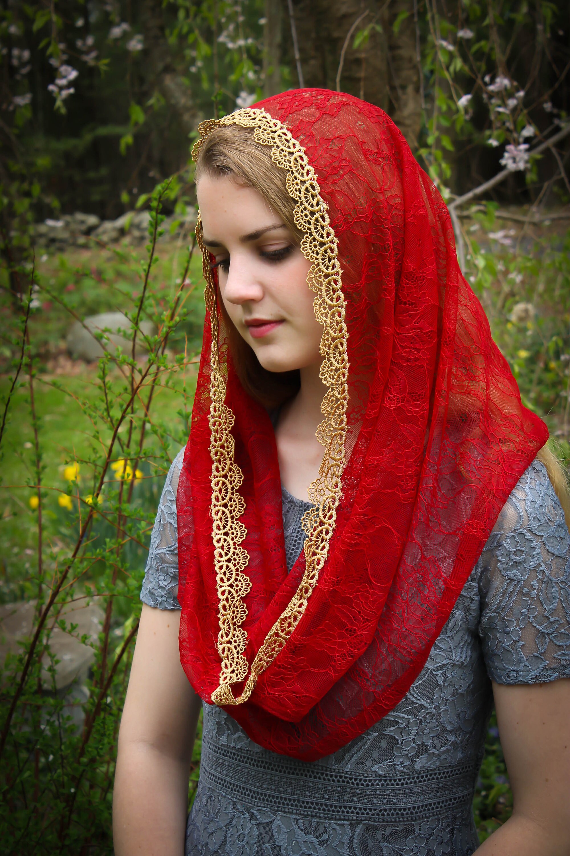 Evintage Veils: Pentecost Red & Gold Ultra Soft Lace Infinity Chapel ...