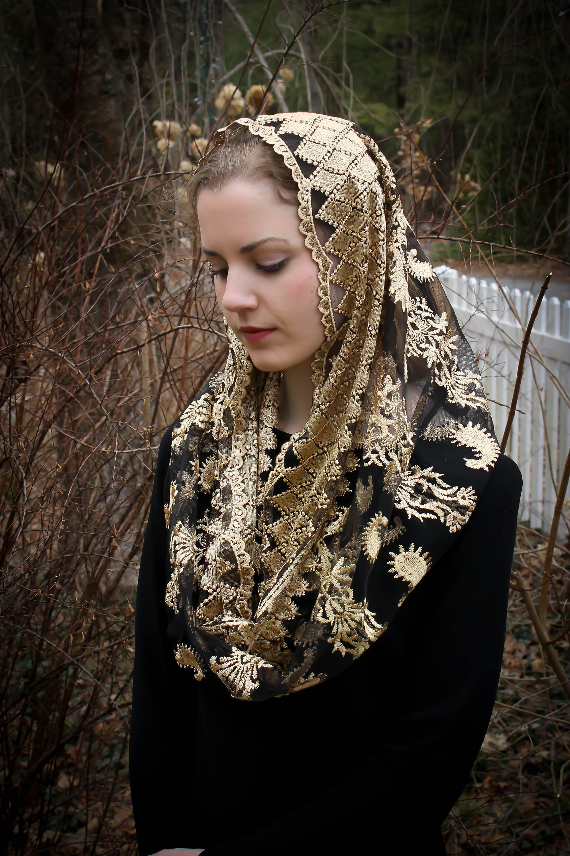 Evintage Veils~ Queen of Peace Soft Gold & Black Embroidered Lace ...