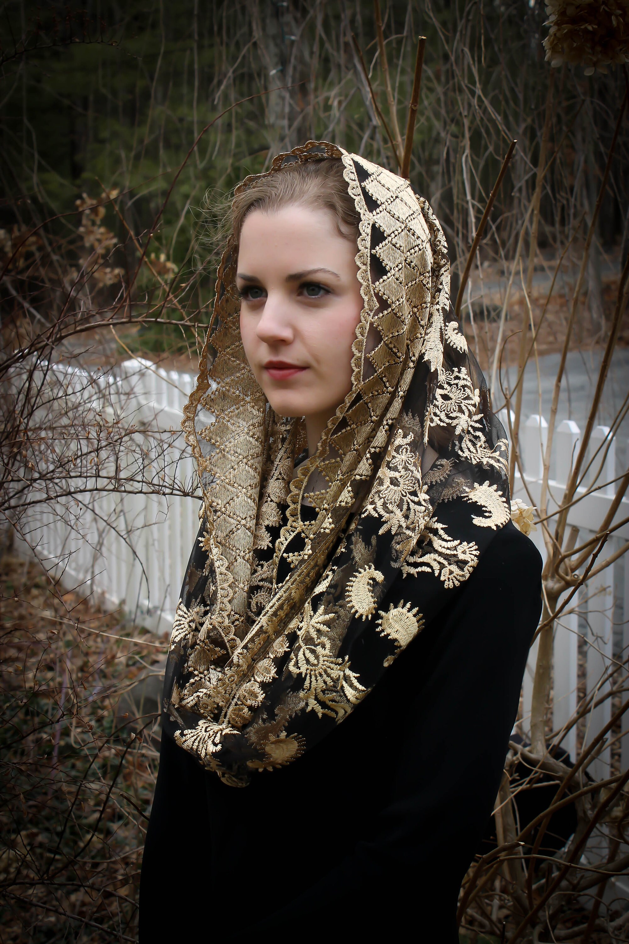 Evintage Veils~ Queen of Peace Soft Gold & Black Embroidered Lace ...