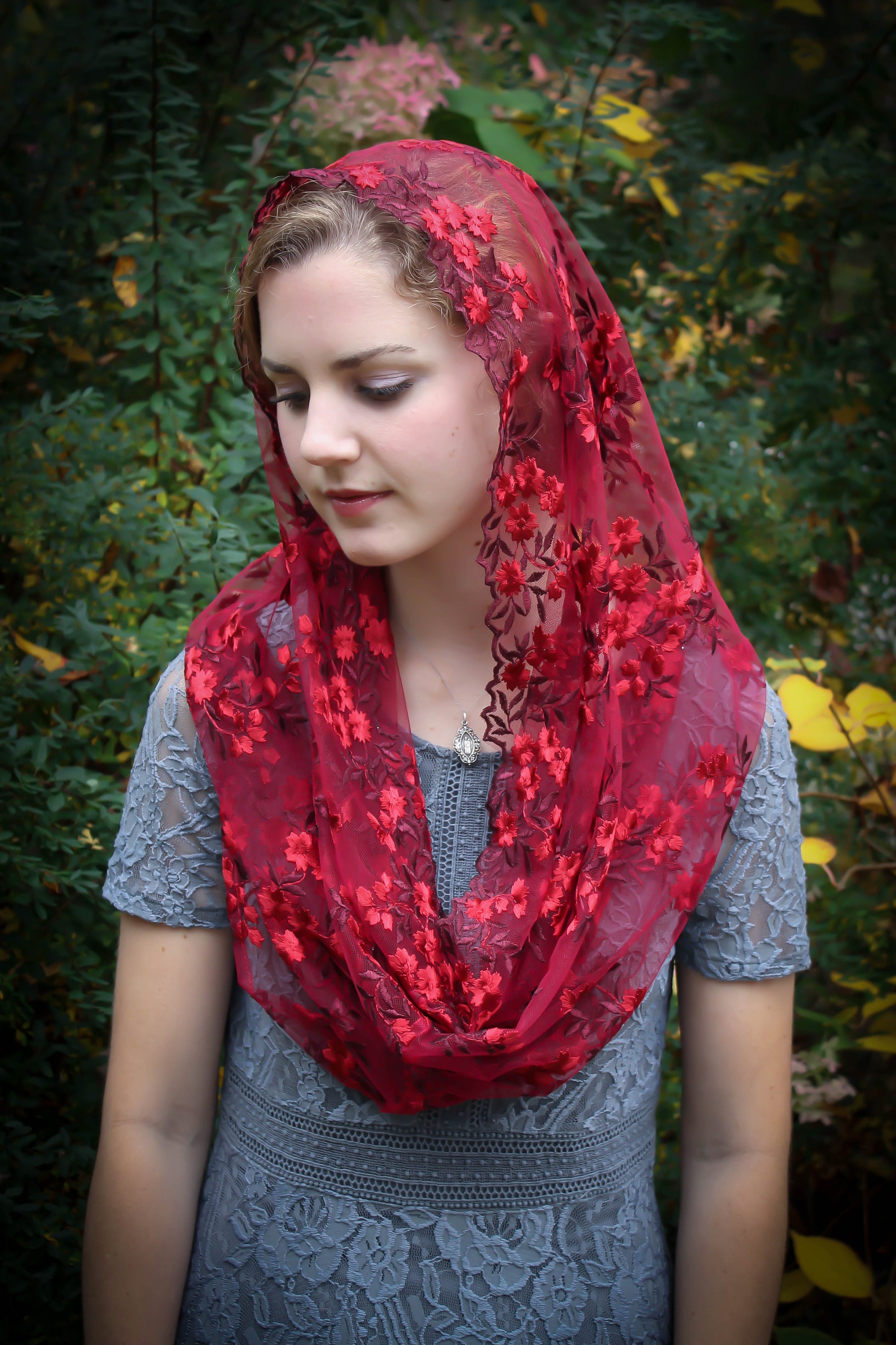 Evintage Veils~ READY TO SHIP Crimson Red and Burgundy Embroidered Lace ...