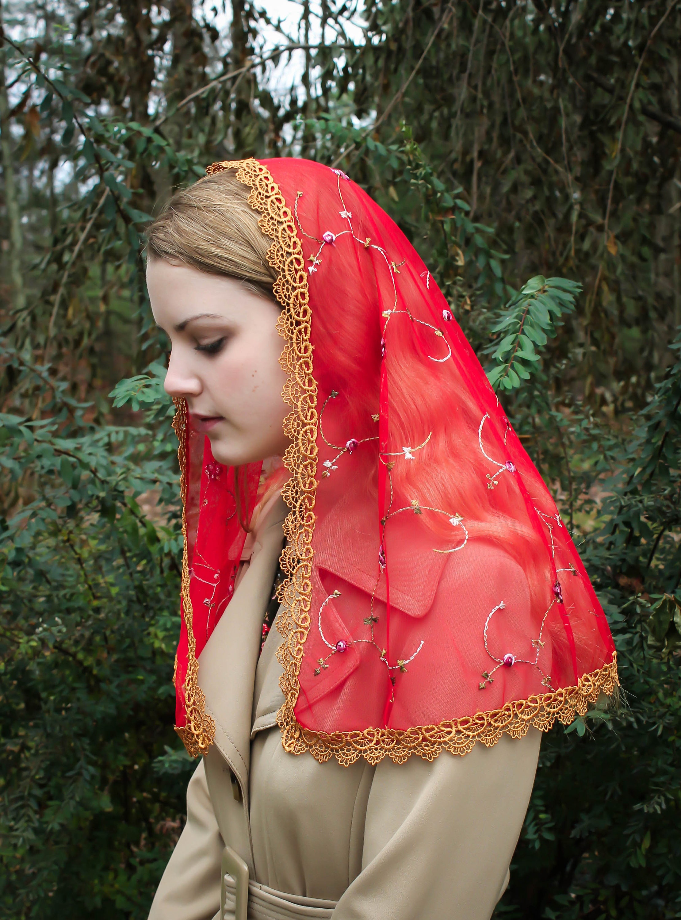 Evintage Veils: Pentecost Red & Gold St Therese Embroidered Lace D ...