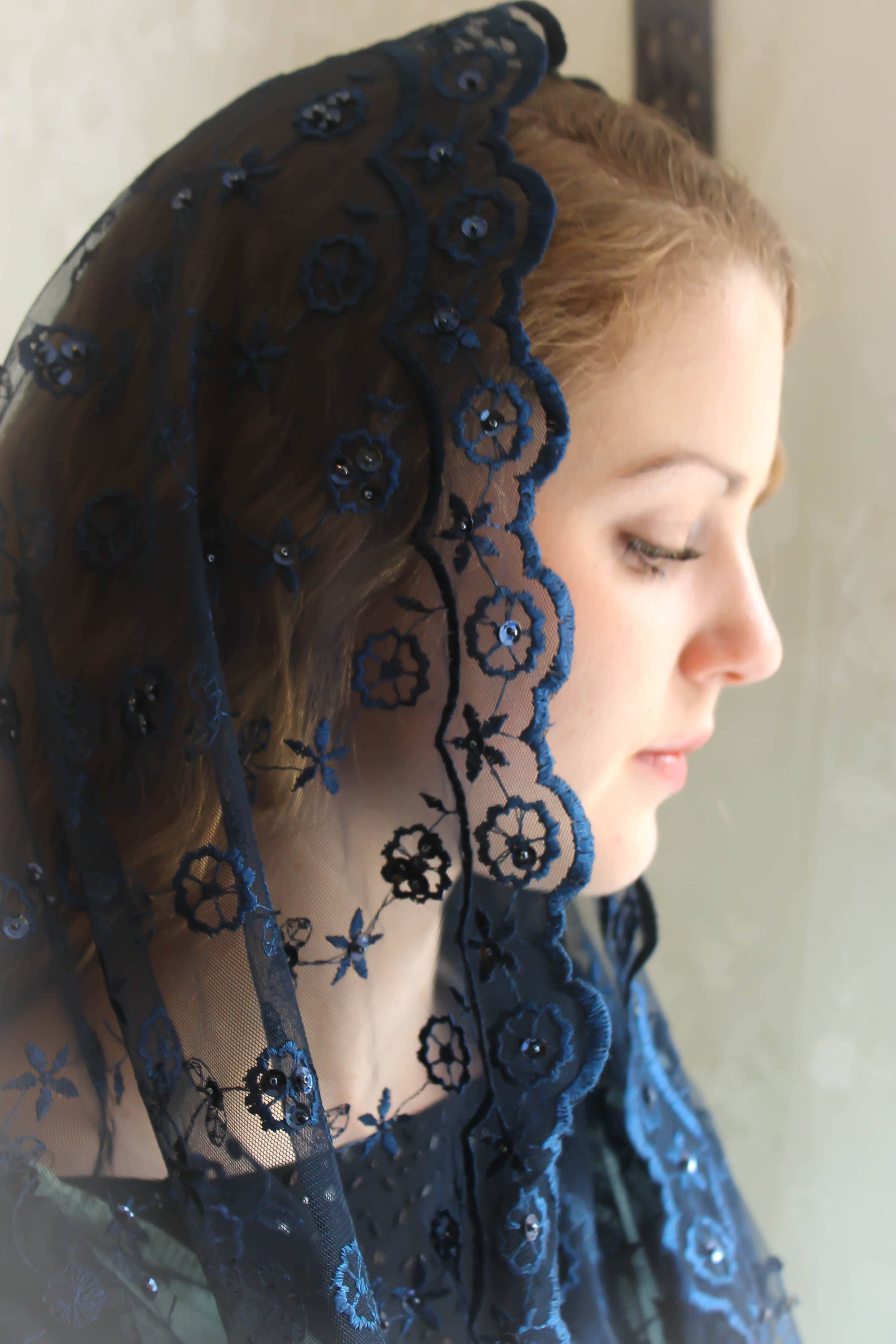 Evintage Veils~Navy Blue Beaded Embroidered Lace Chapel Veil Mantilla ...
