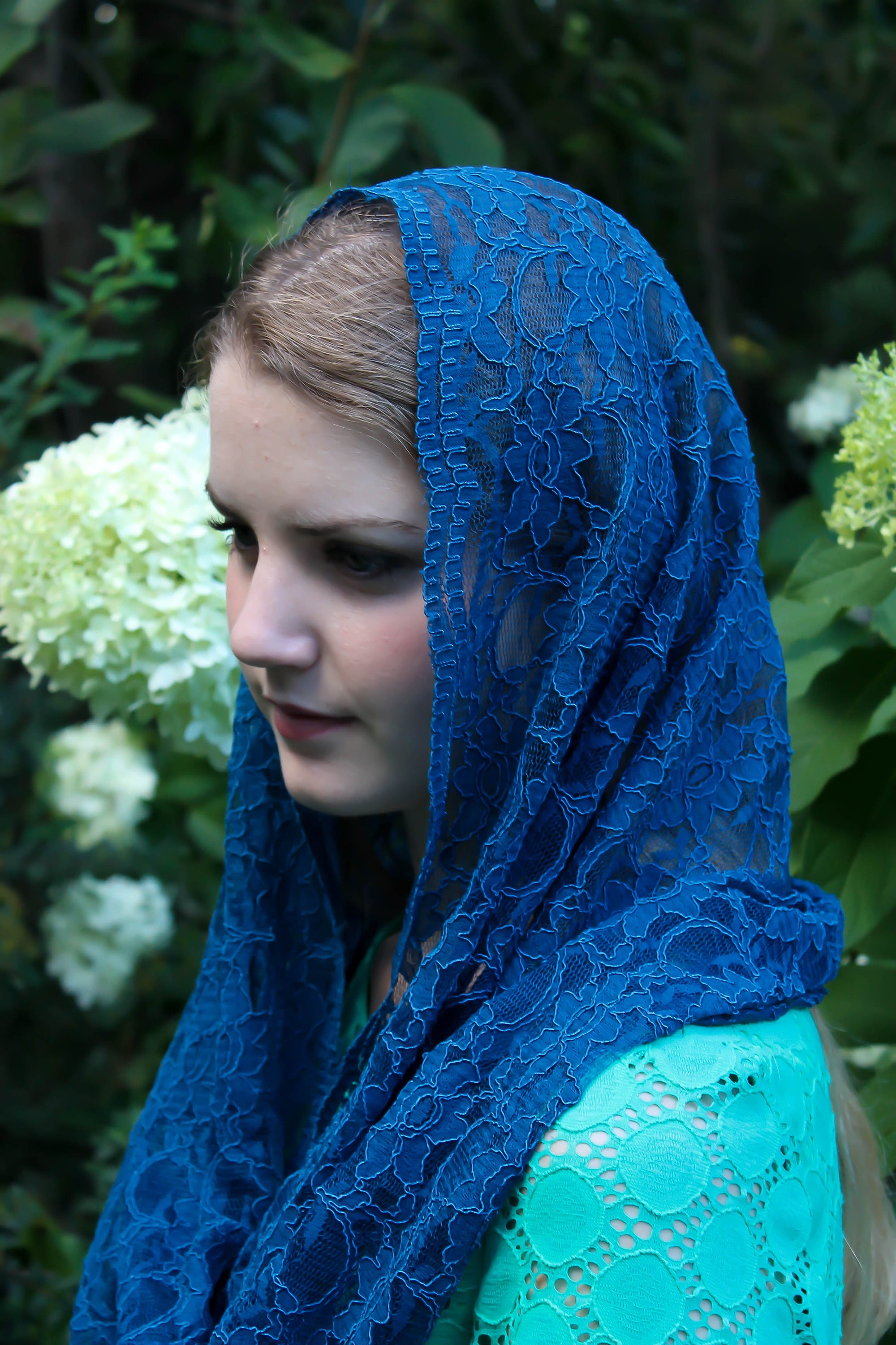 Evintage Veils: Light Cobalt Blue French Lace Infinity Veil Chapel Veil ...