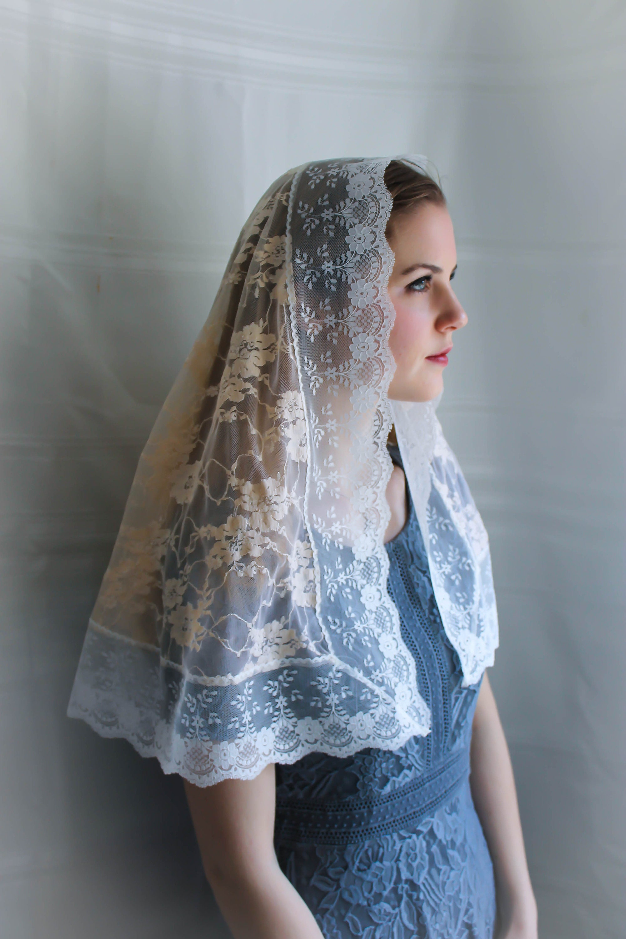 Evintage Veils~ Pale Peach & Cream White D Shaped Traditional Catholic ...