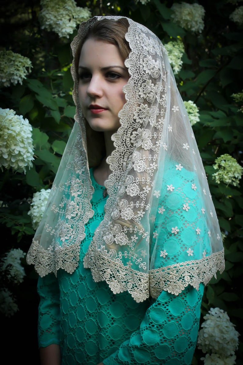 Evintage Veils~ Our Lady of the Lily Gold Embroidered Lace Chapel Veil ...