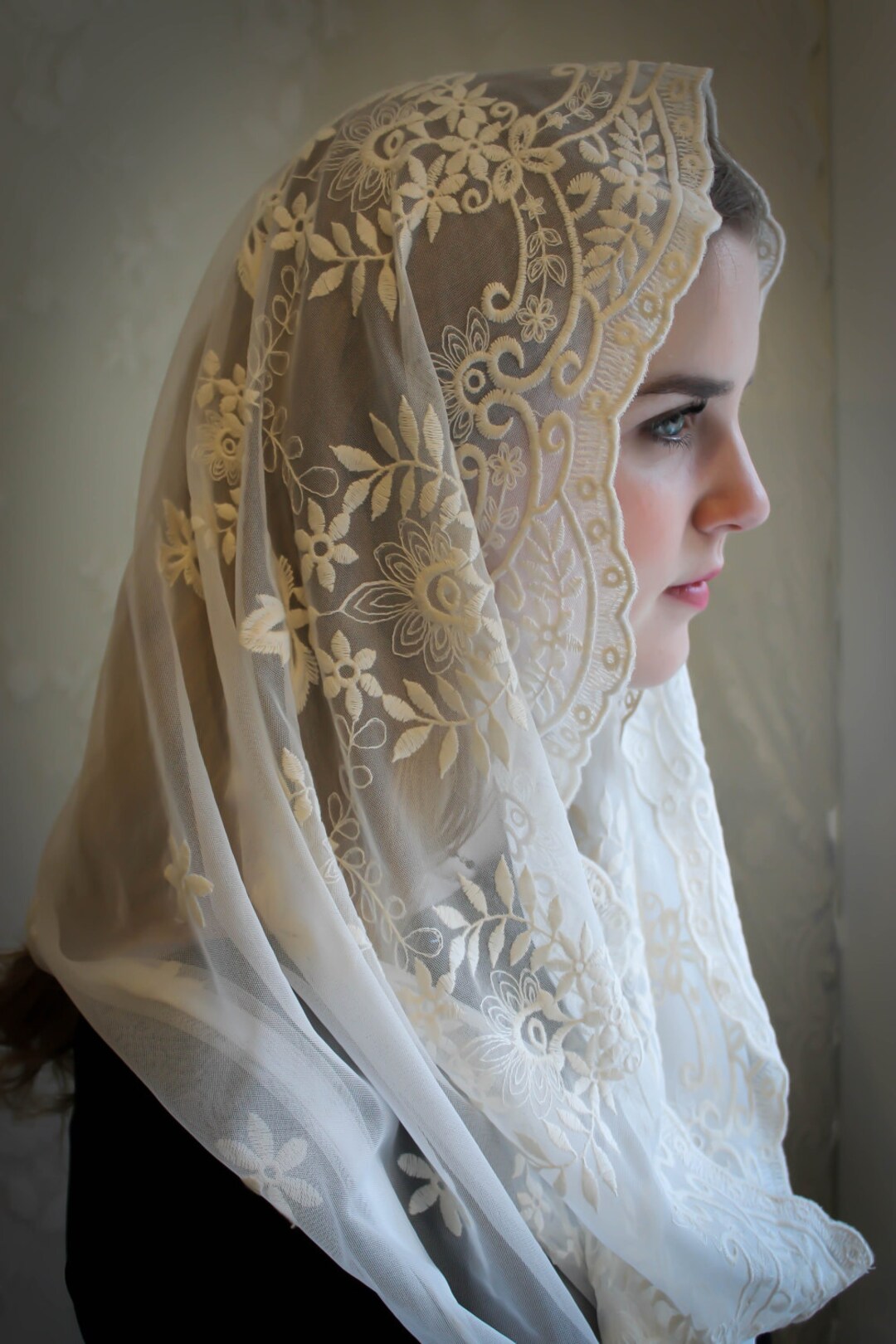 Evintage Veils Our Lady of Fatima Soft Ivory OR Black Embroidered Lace ...