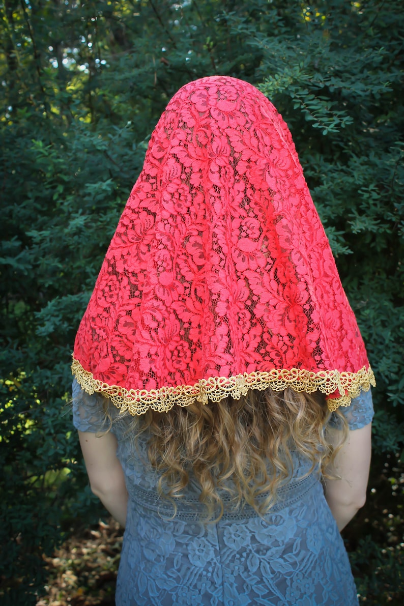 Evintage Veils~ Pentecost Red and Gold Lace Mantilla Chapel Veil D ...