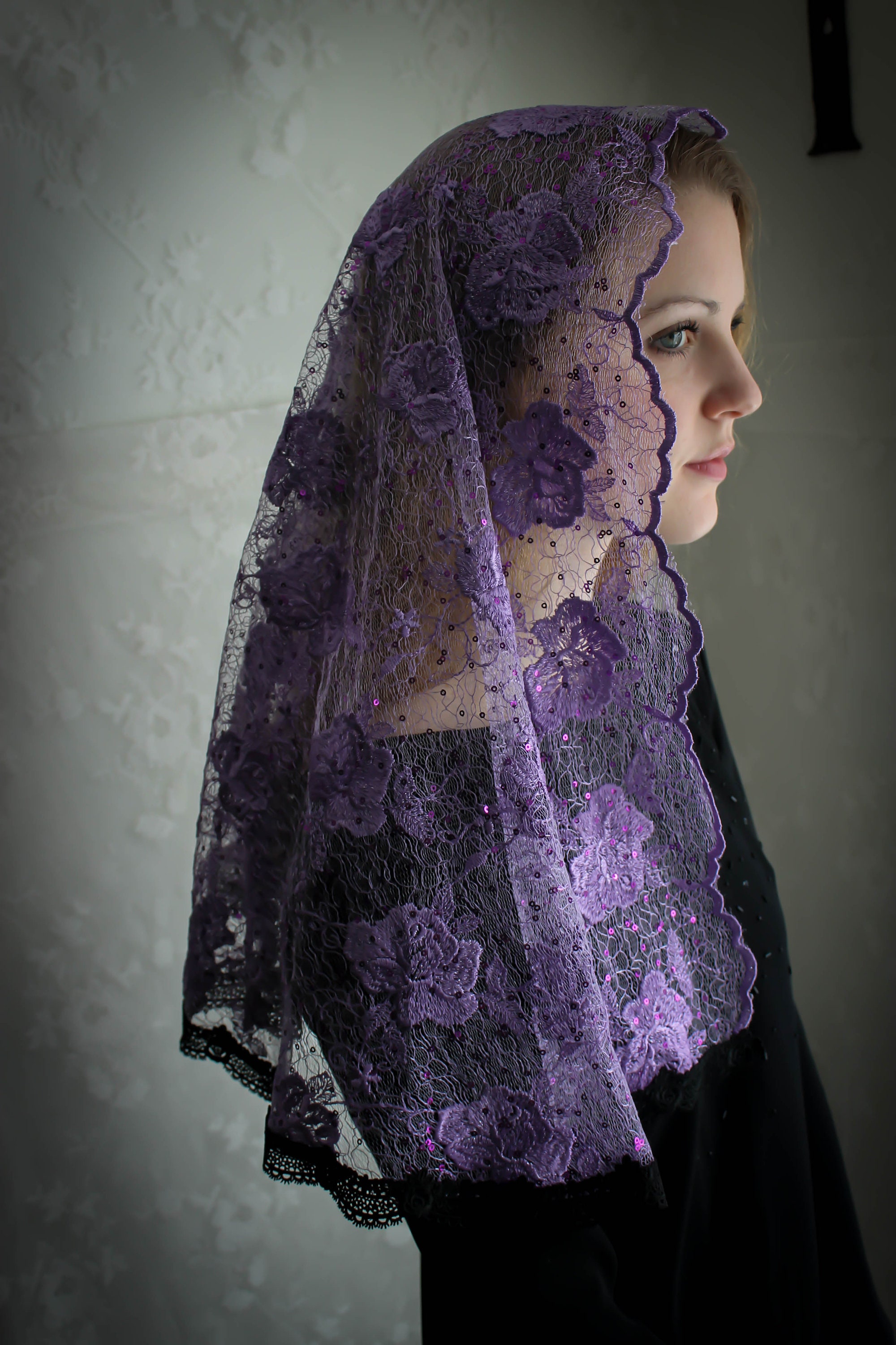 Evintage Veils~ Lent/Advent Purple Our Lady of Guadalupe Embroidered ...