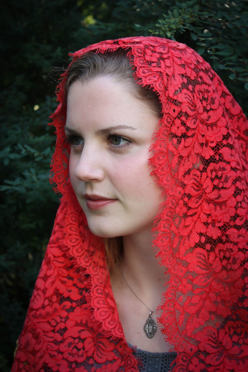 Evintage Veils~ Pentecost Red and Gold Lace Mantilla Chapel Veil D ...