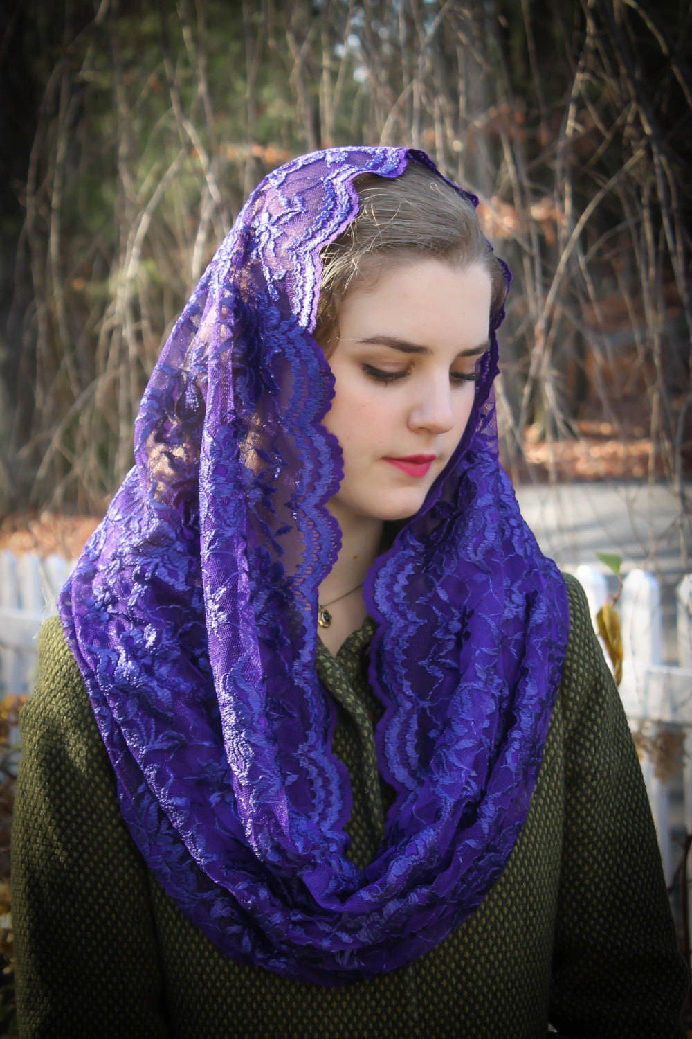 Evintage Veils~LENT Our Lady Rich Purple Embroidered Lace Chapel Veil ...