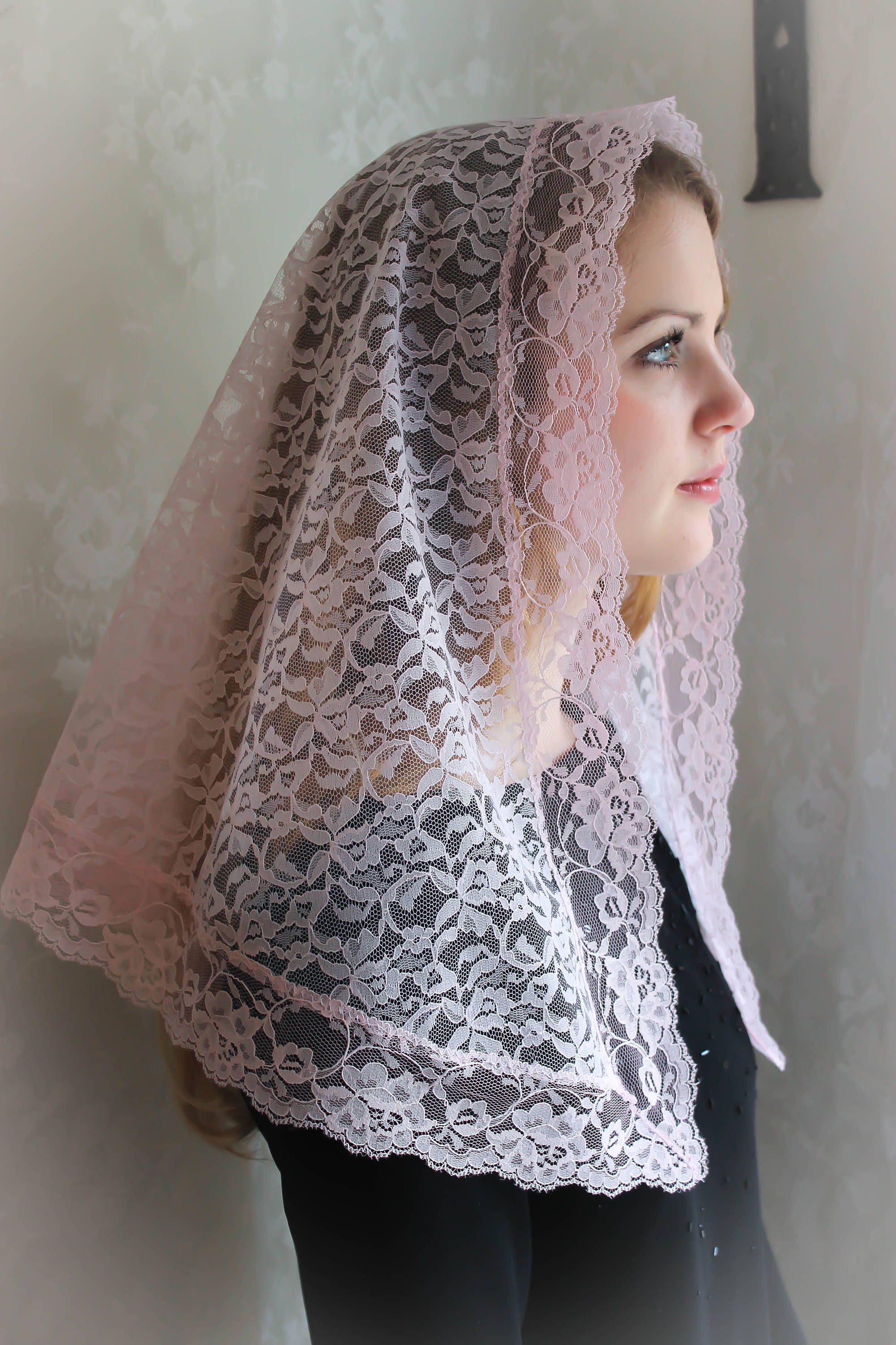 Evintage Veils~ Our Lady Mystical Rose Pink Lace Chapel Veil Mantilla ...