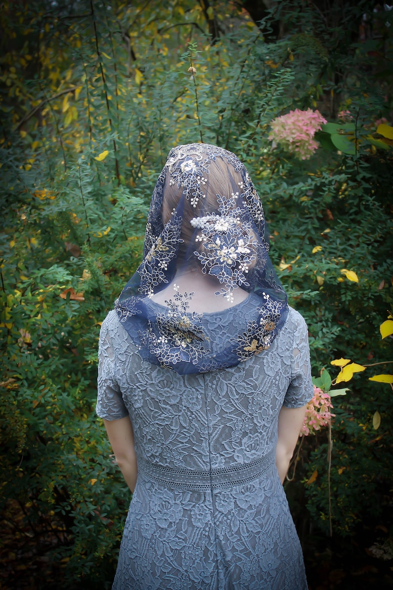 Evintage Veils~ Queen of Peace Navy Sequin Embroidered Lace Chapel Veil ...
