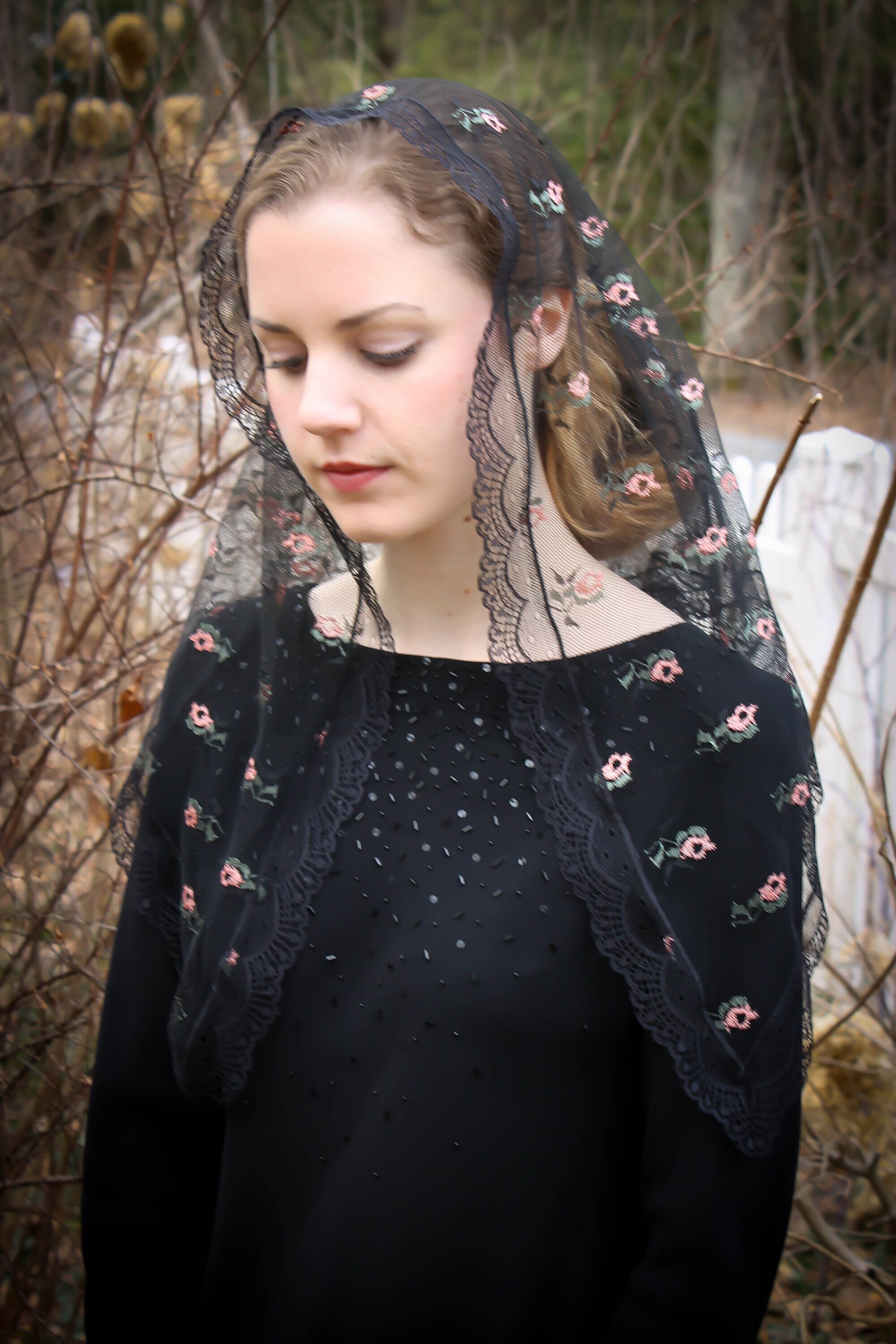 Evintage Veils~ READY TO SHIP Soft Black & Rose Floral Lace Victorian ...