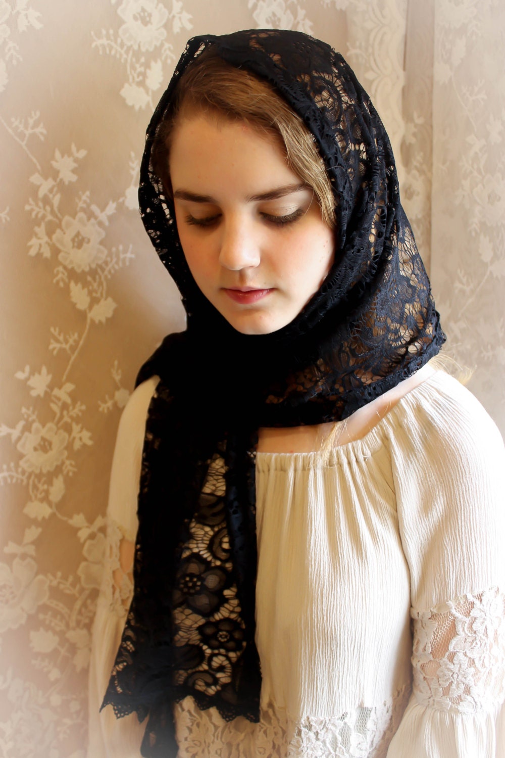 Evintage Veils: Soft Black Madeira Lace Scarf Wrap Head Covering Chapel ...