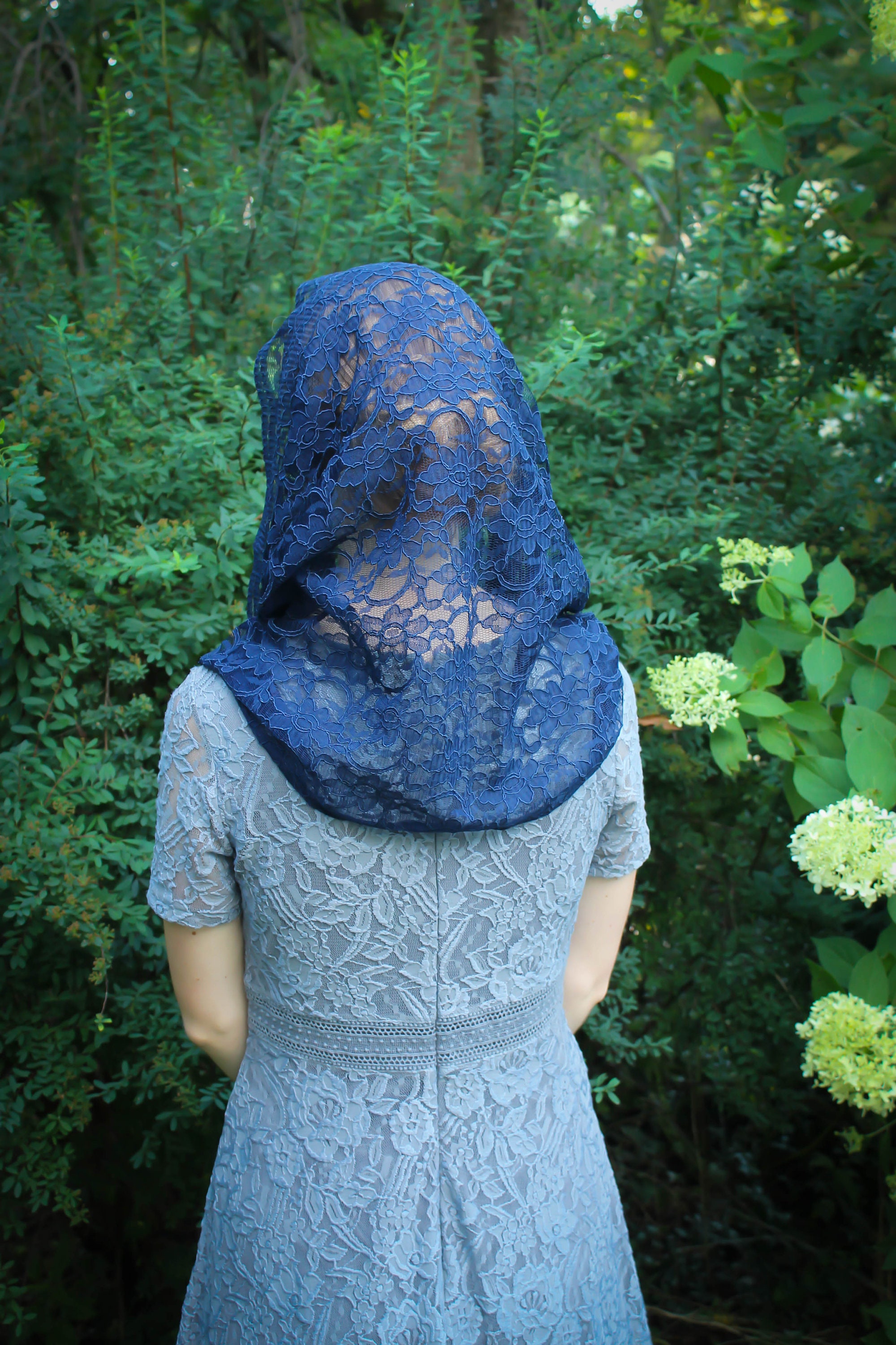 Evintage Veils~ Regina Caeli Soft Navy Blue Embroidered Lace Chapel ...