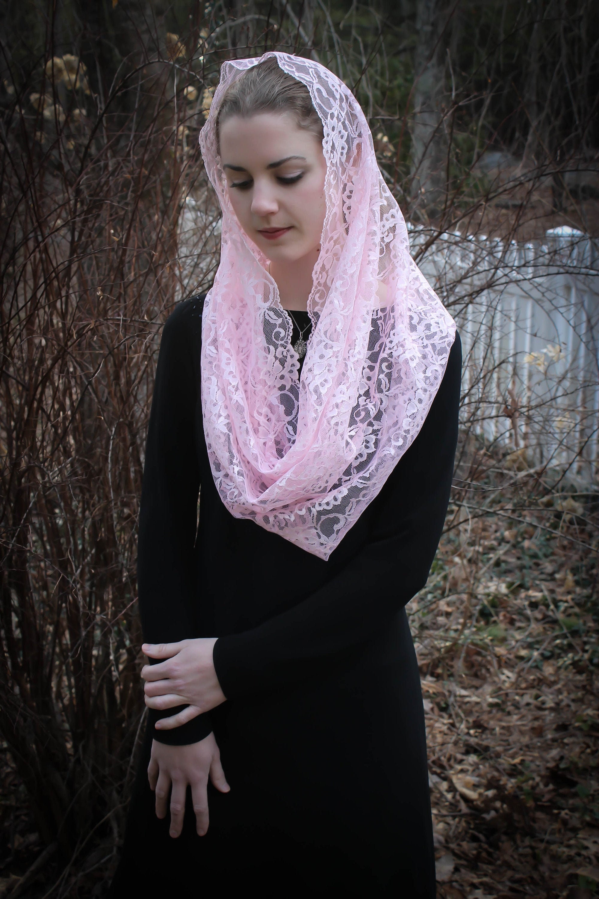 Evintage Veils~ Queen of Peace Shell Pink Embroidered Lace Chapel Veil ...