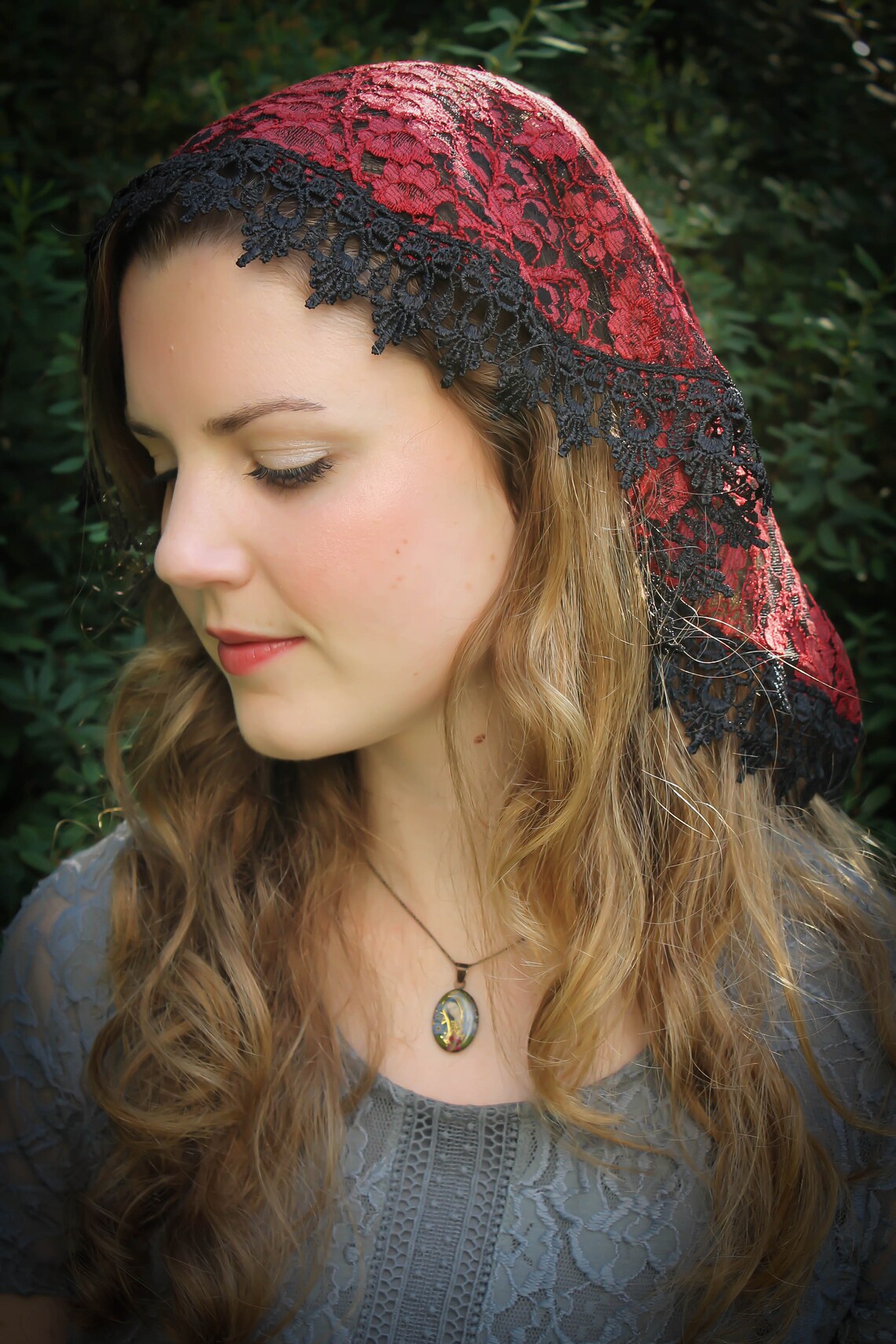 Evintage Veils~ Sacred Heart Deep Red Princess Style Spanish Lace Trim ...
