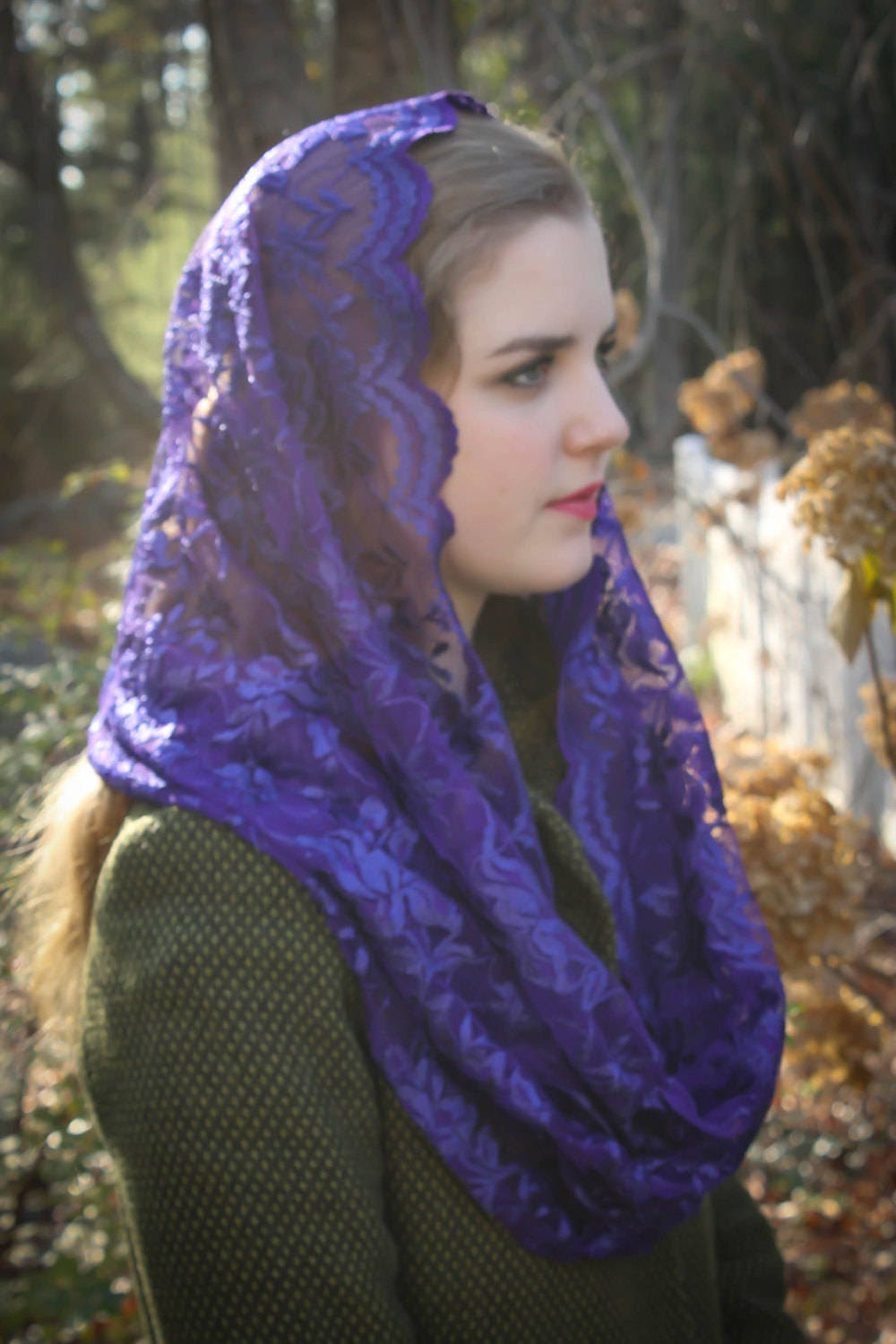 Evintage Veils~LENT Our Lady Rich Purple Embroidered Lace Chapel Veil ...