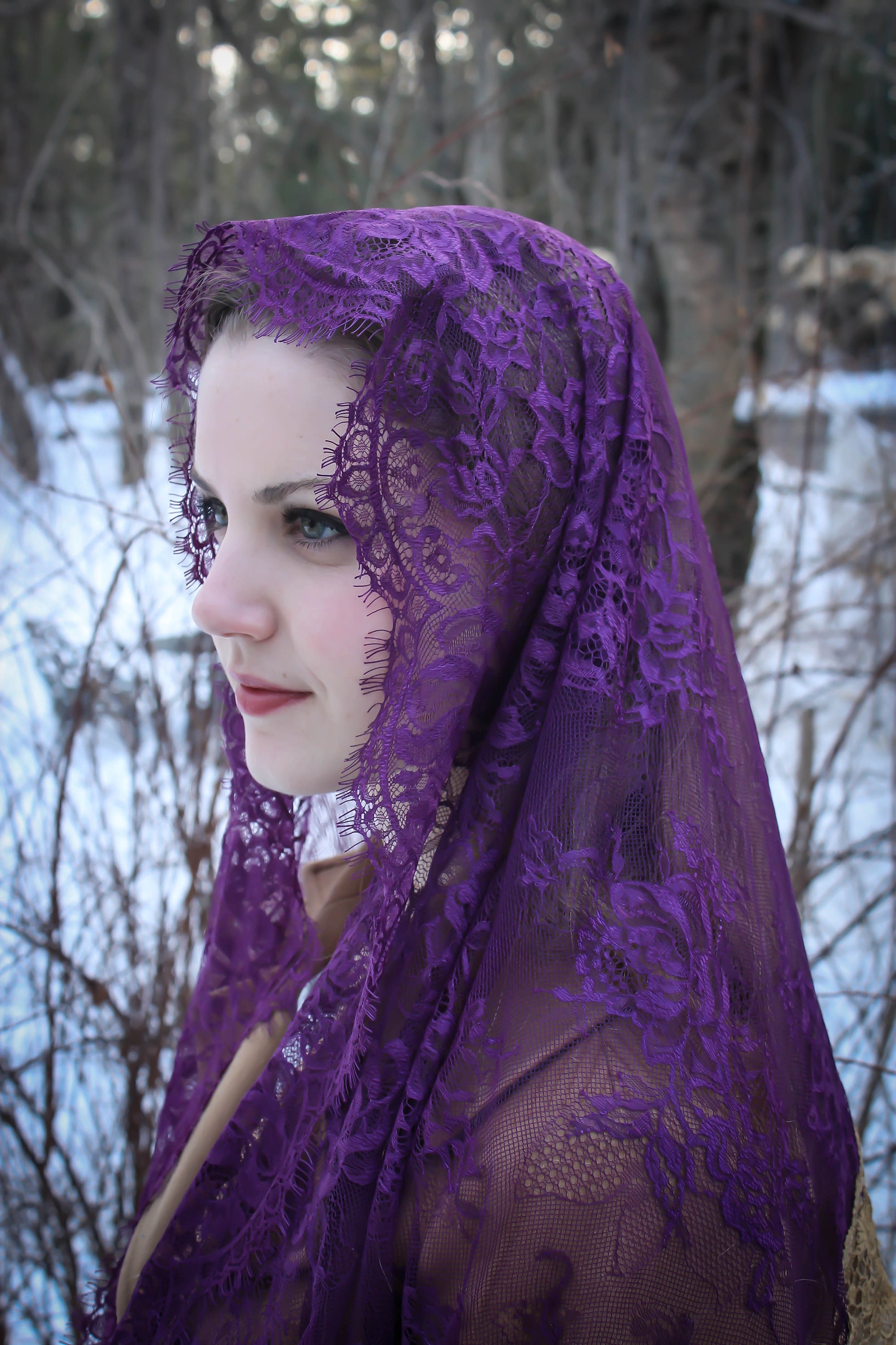 Evintage Veils~Lent/Advent Purple & Gold Leaf Trim Floral Lace Wrap ...