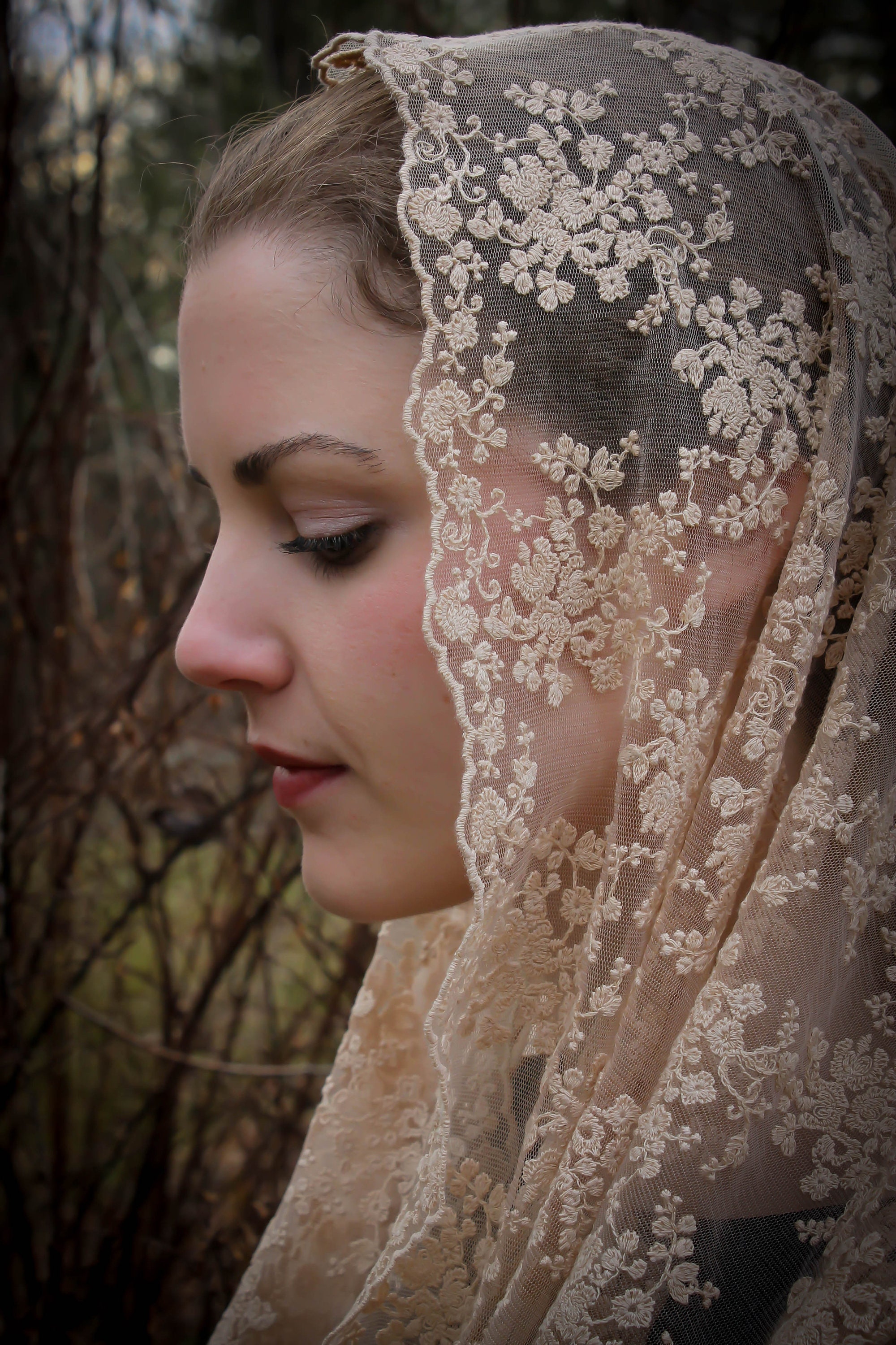 Evintage Veils~READY TO SHIP Queen of Peace Soft Beige Embroidered Lace ...