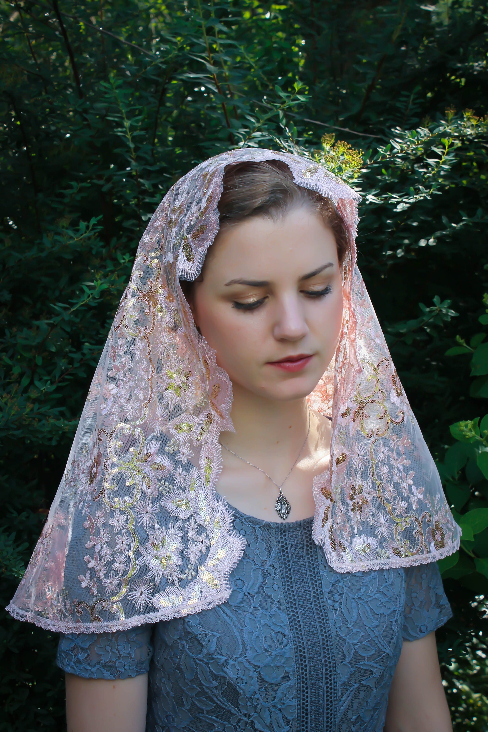 Evintage Veils~ Queen of Peace Soft Rose & Gold Sequin Embroidered Lace ...