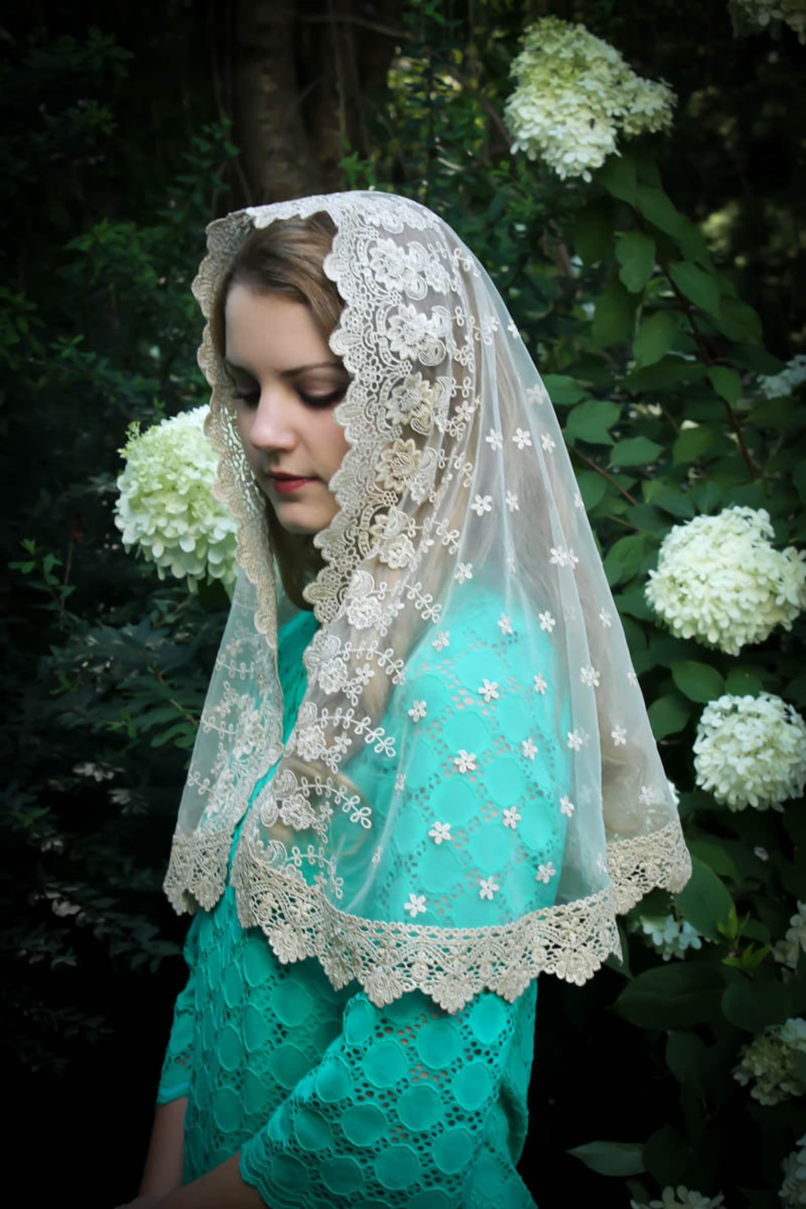 Evintage Veils~ Our Lady of the Lily Gold Embroidered Lace Chapel Veil ...