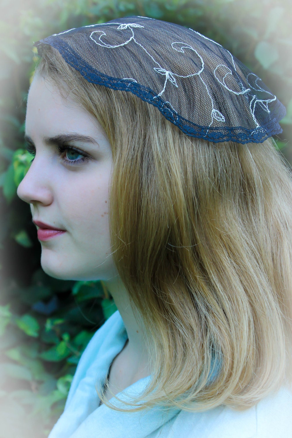 New Vintage Inspired Black Embroidered Circle Chapel Cap Veil Mantilla ...