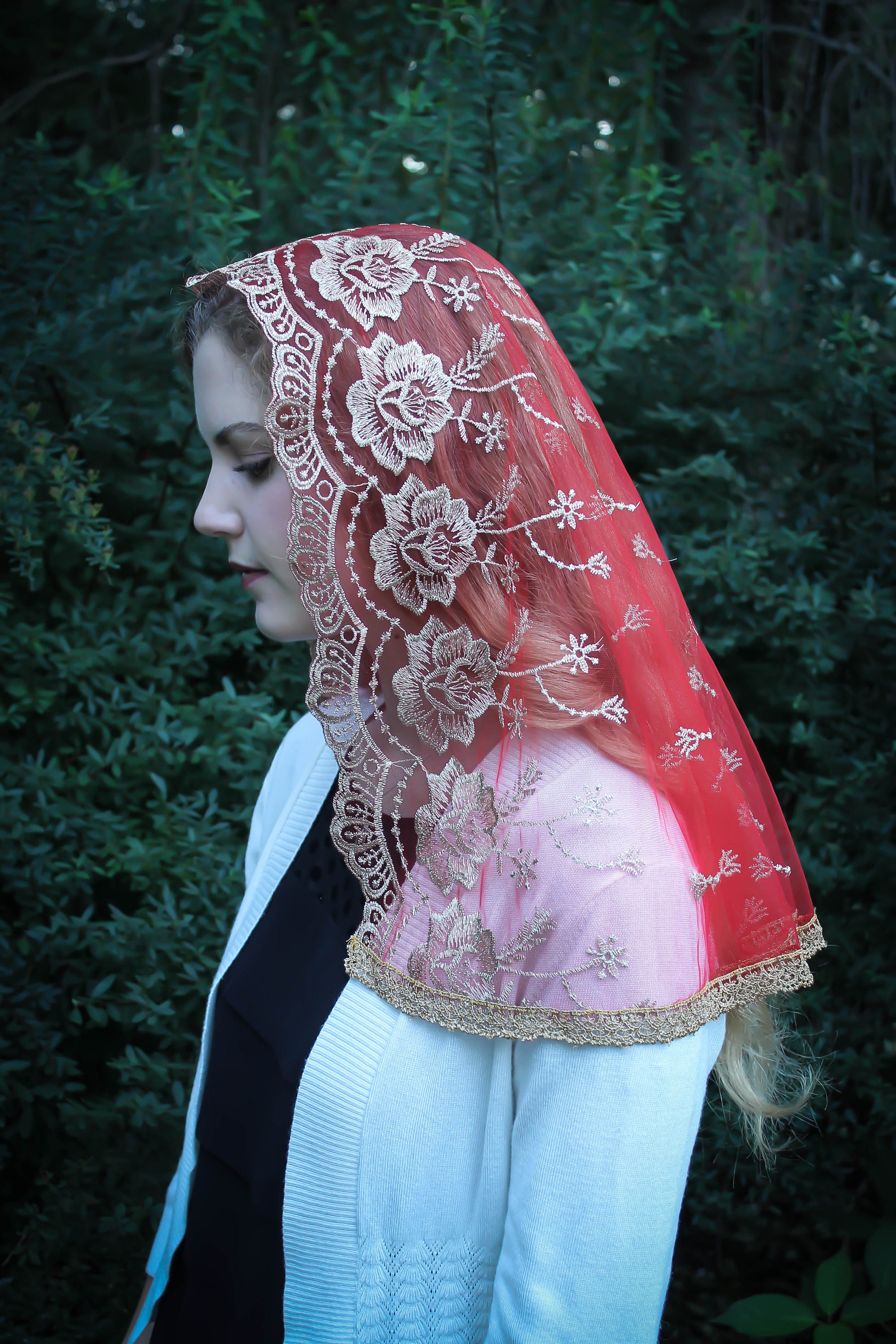 Evintage Veils~ Our Lady of Guadalupe Floral Gold & Pentecost Red ...