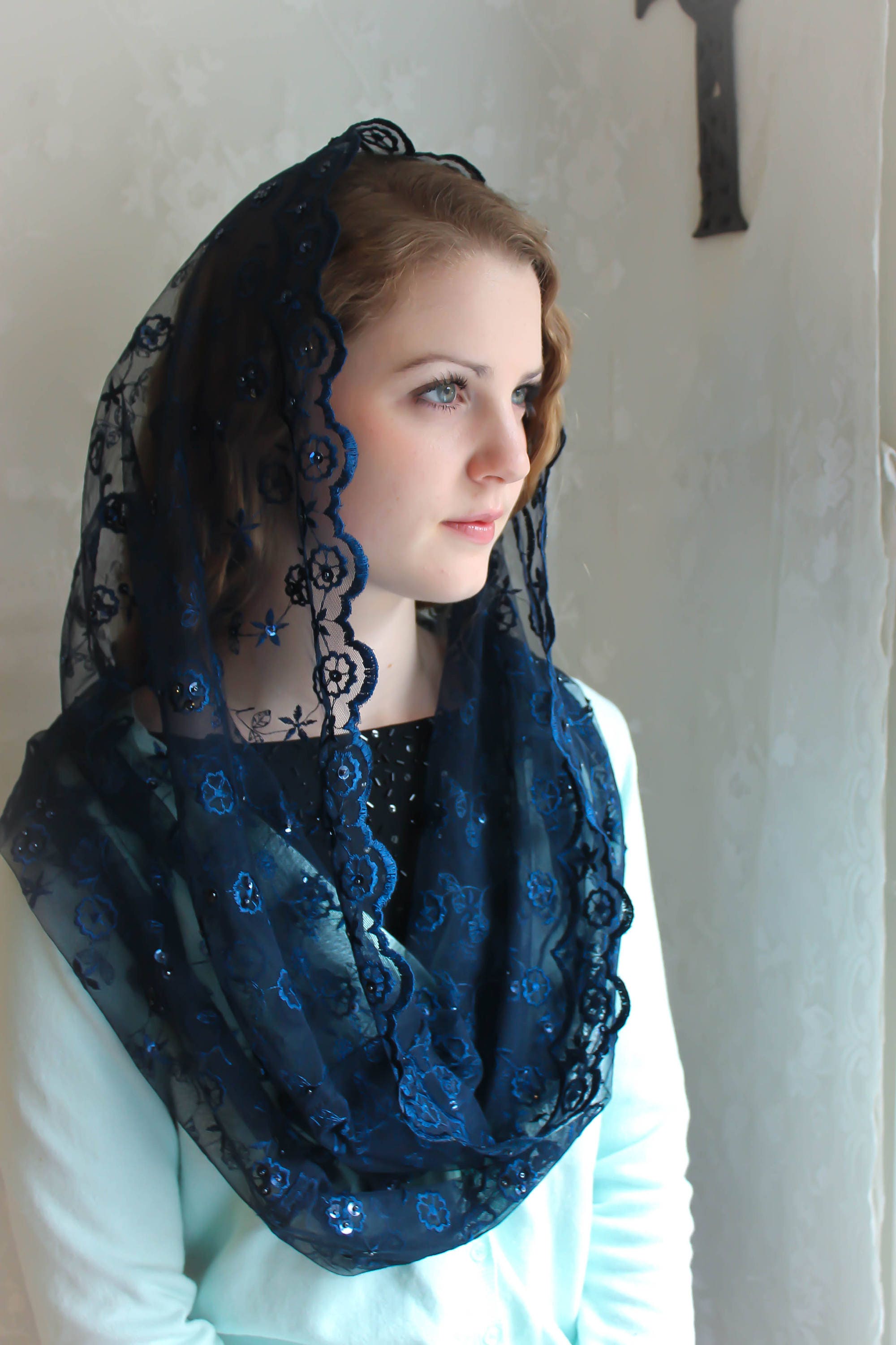 Evintage Veils~Navy Blue Beaded Embroidered Lace Chapel Veil Mantilla ...