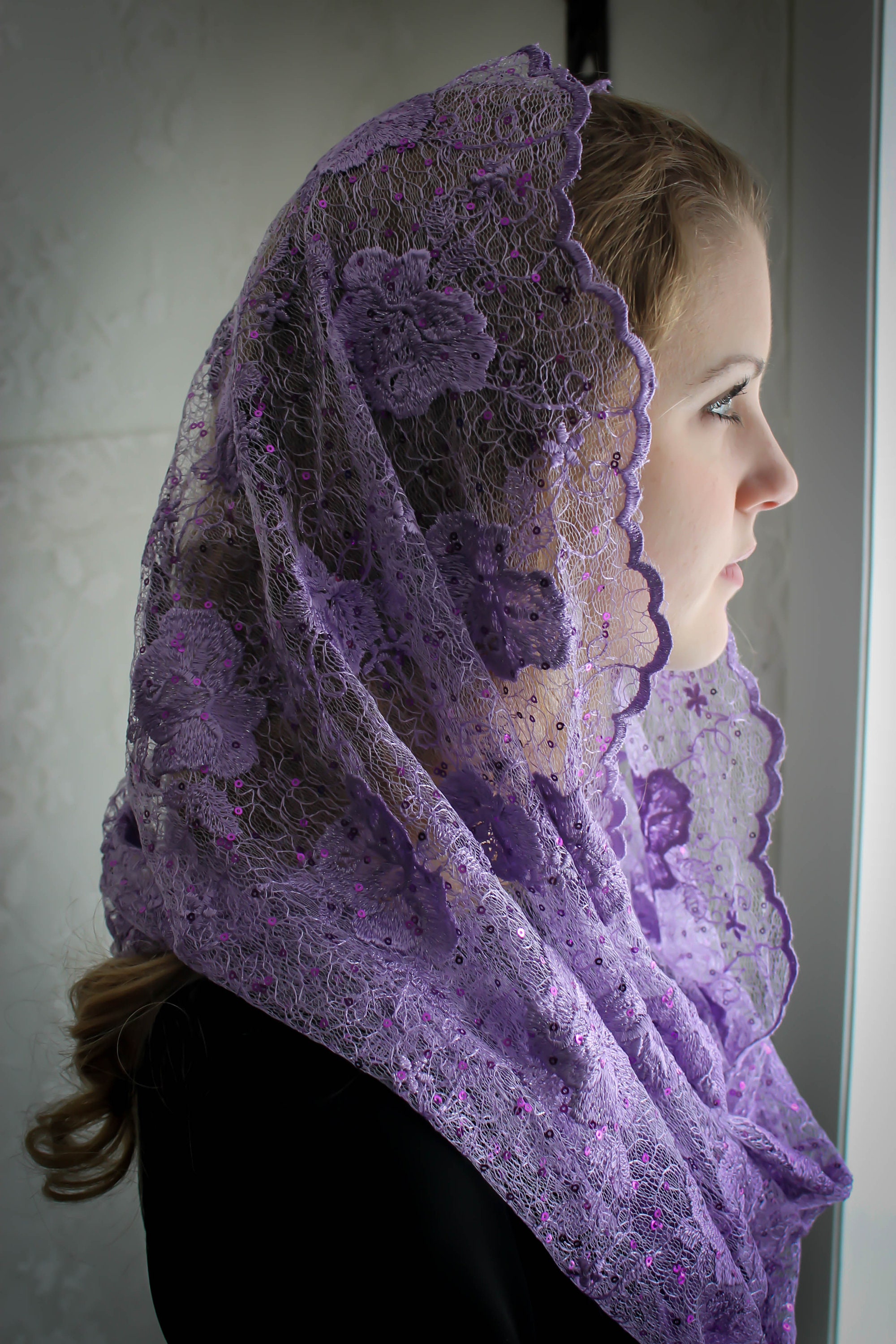 Evintage Veils~ Lent/Advent Purple Our Lady of Guadalupe Embroidered ...