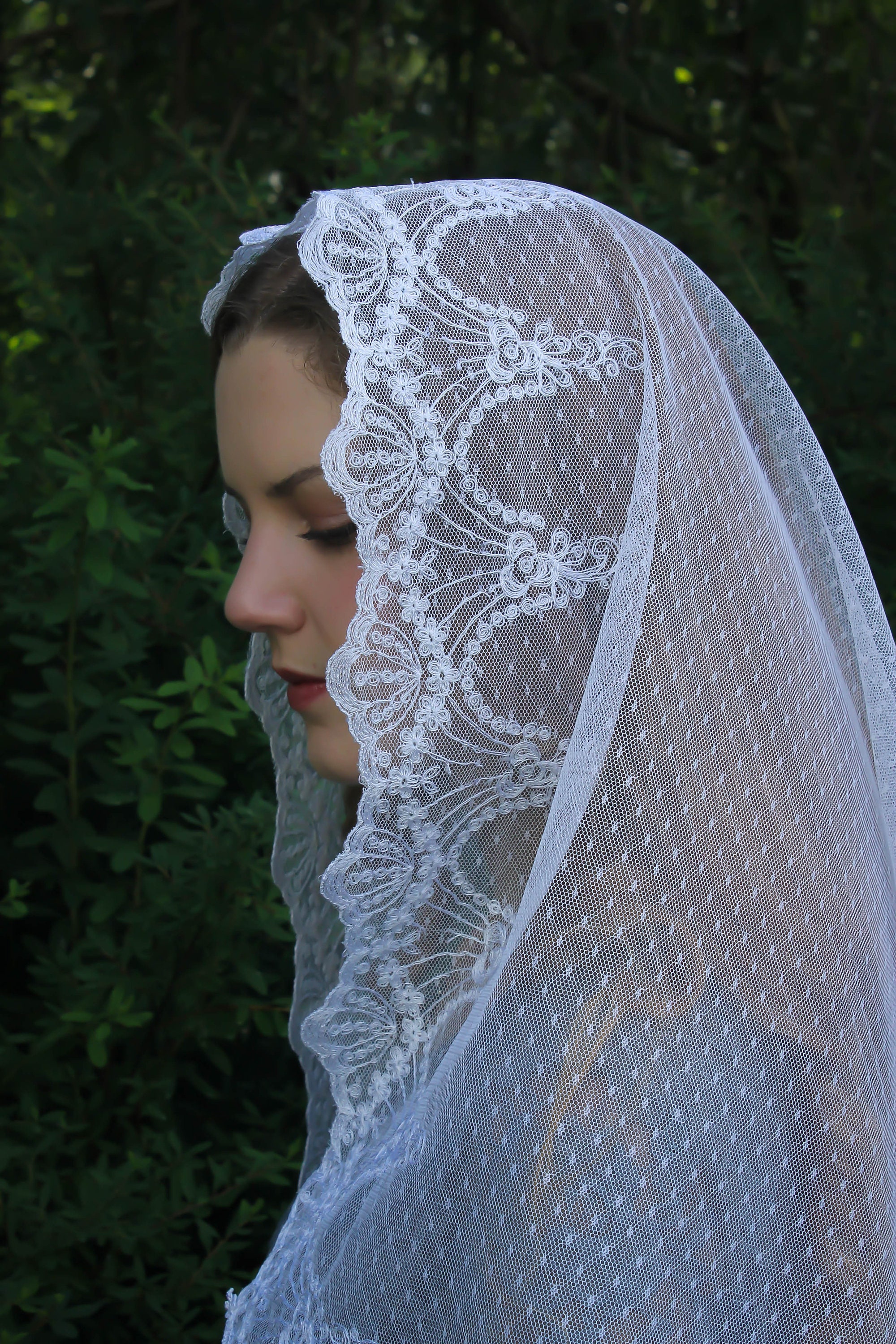 Evintage Veils~ Embroidered Point D'esprit White Lace Floral Lace ...