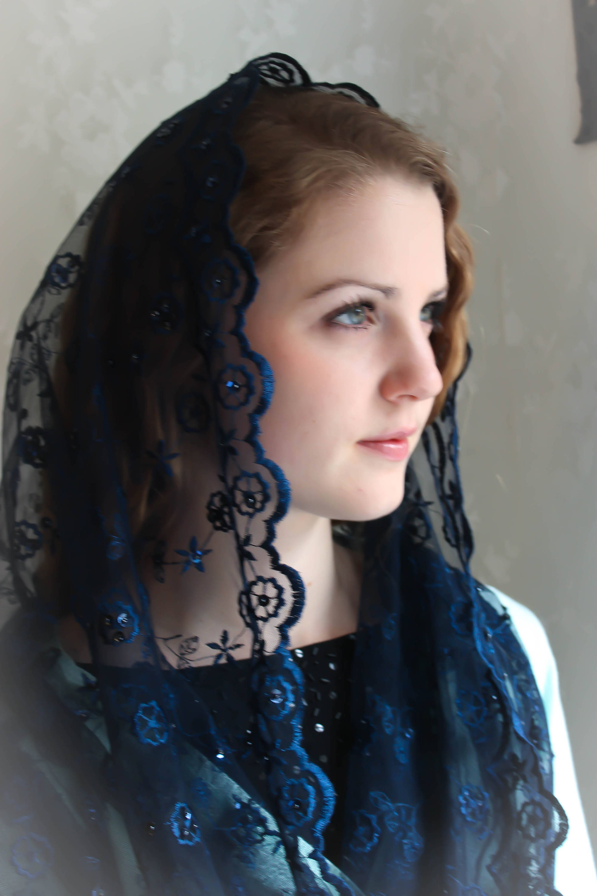 Evintage Veils~Navy Blue Beaded Embroidered Lace Chapel Veil Mantilla ...