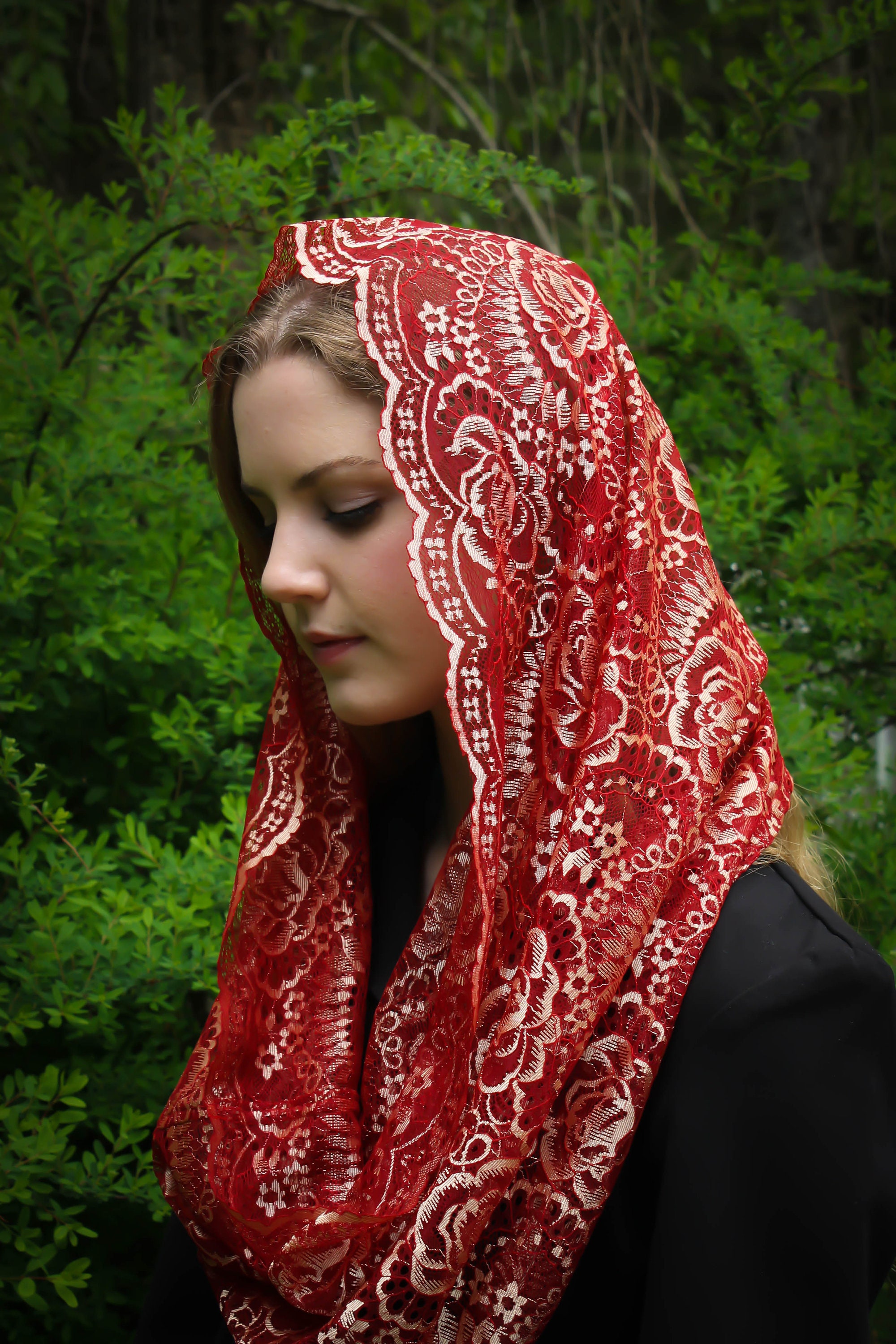 Evintage Veils: Pentecost Red & Gold Infinity Veil Lace Chapel Veil ...