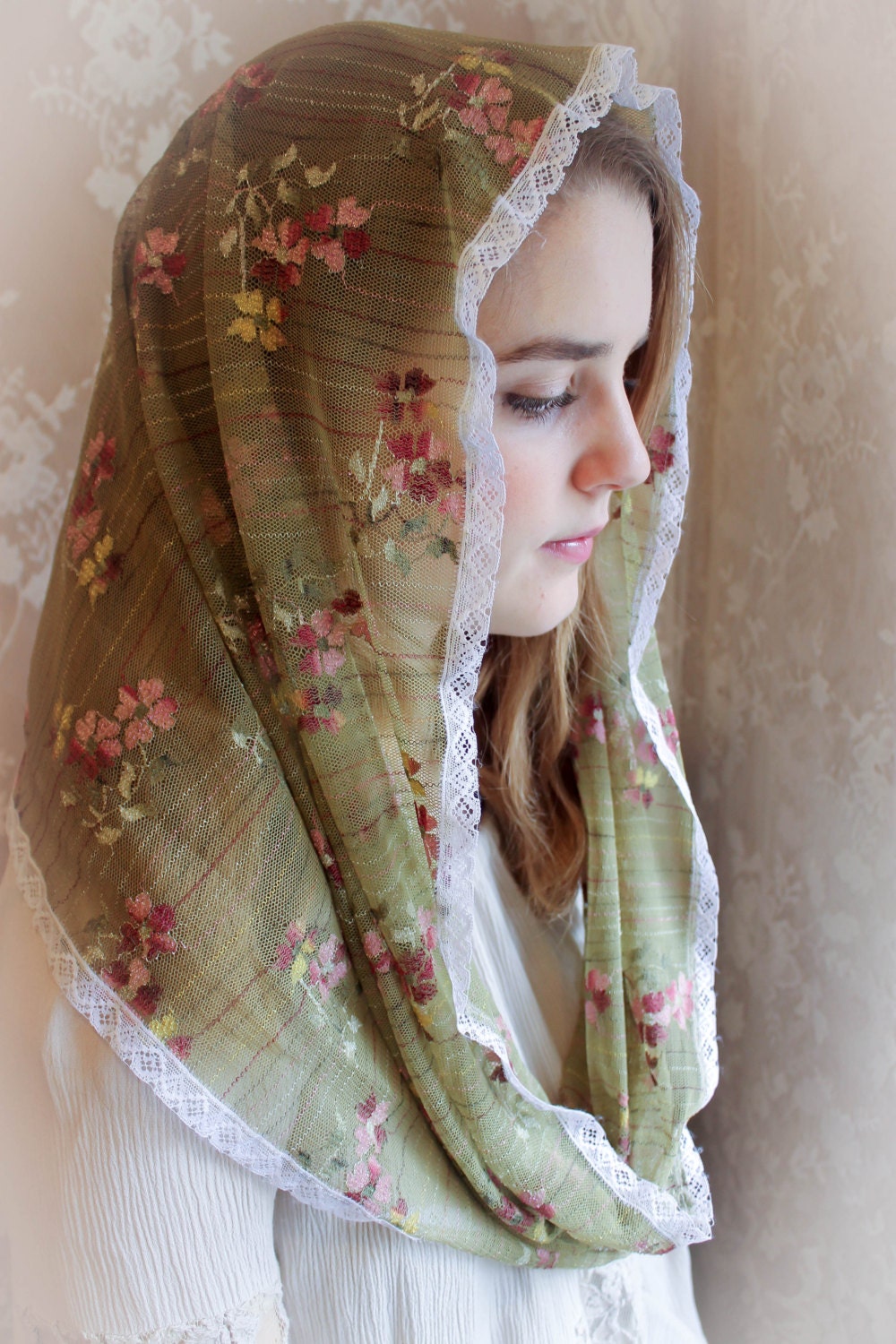 Evintage Veils~ Tiny Flowers Infinity Chapel Veil Mantilla Moss Green ...