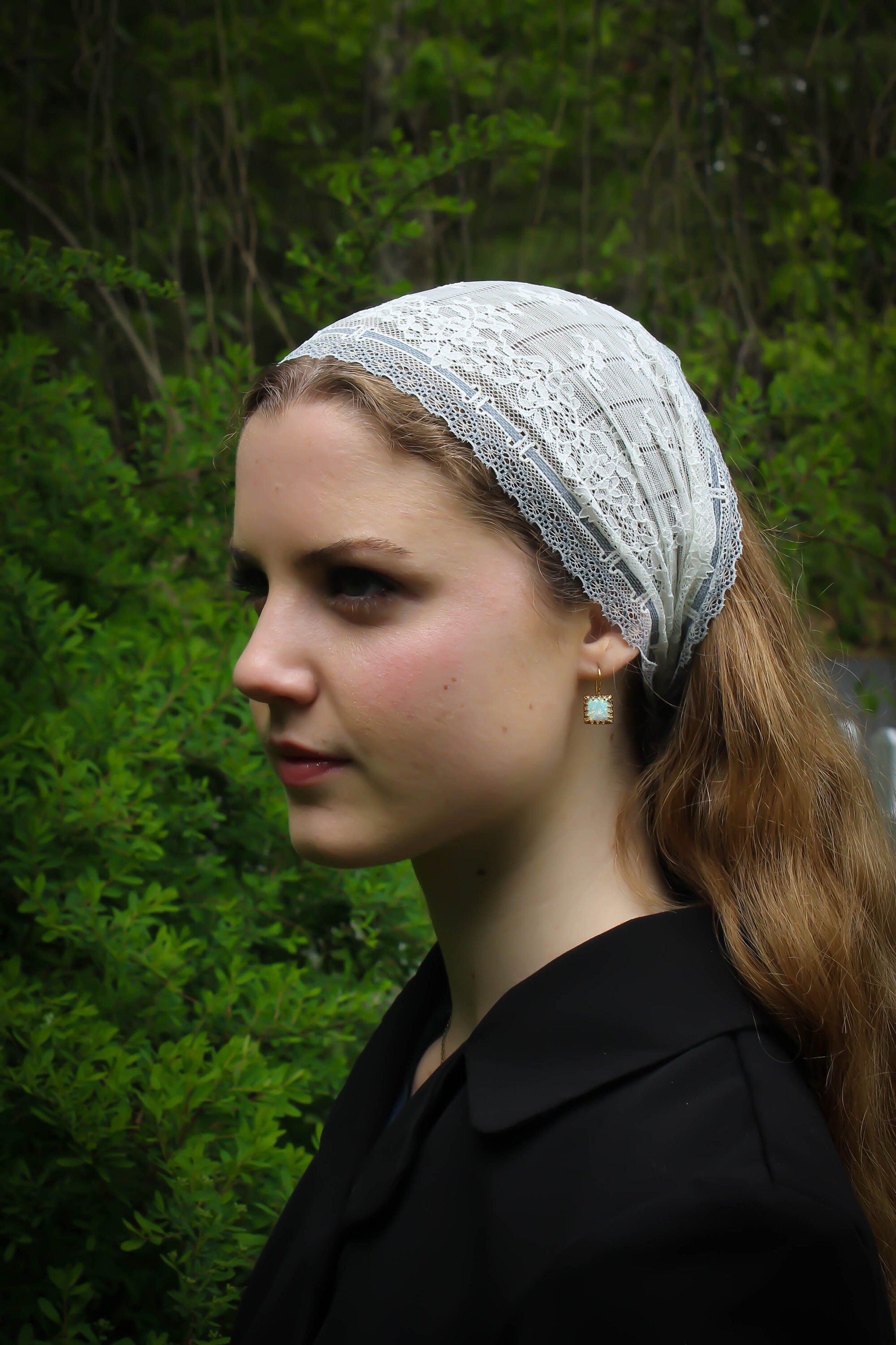 Evintage Veils~ So Soft Head Wrap Light Ivory and Blue Floral Stretch ...
