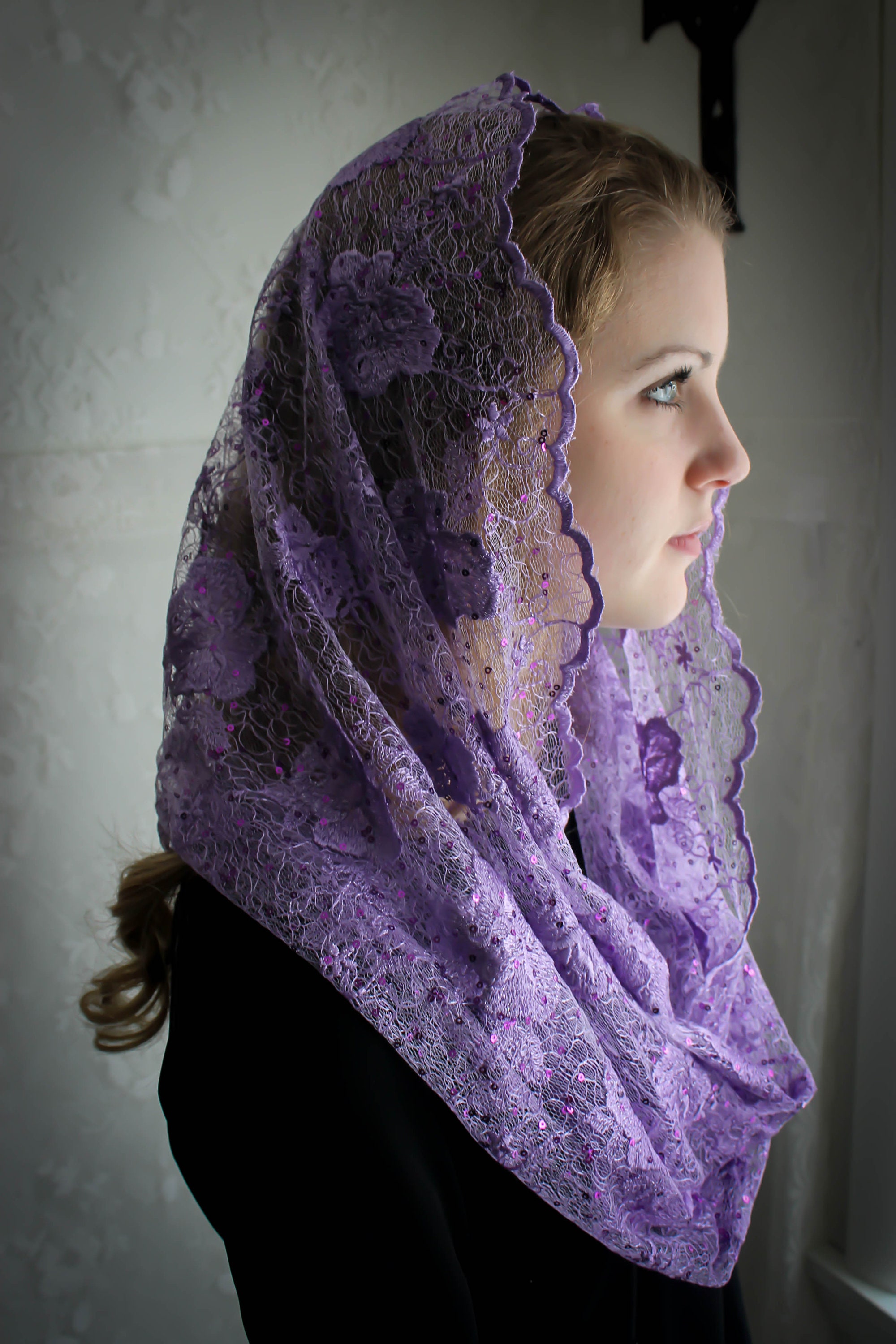 Evintage Veils~ Lent/Advent Purple Our Lady of Guadalupe Embroidered ...