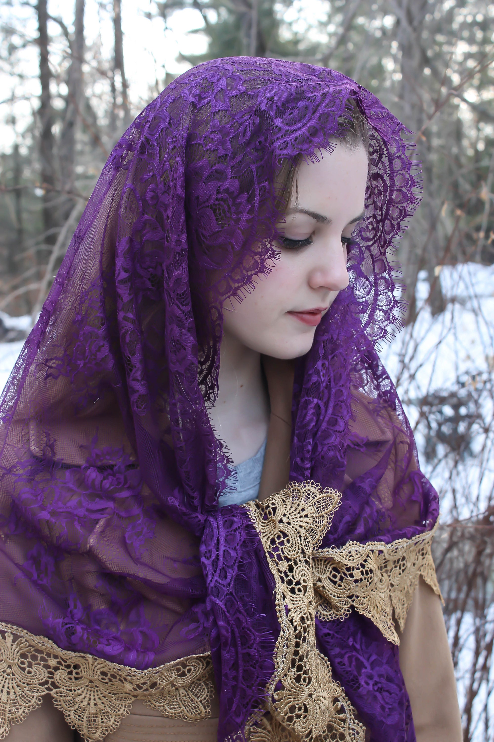 Evintage Veils~Lent/Advent Purple & Gold Leaf Trim Floral Lace Wrap ...