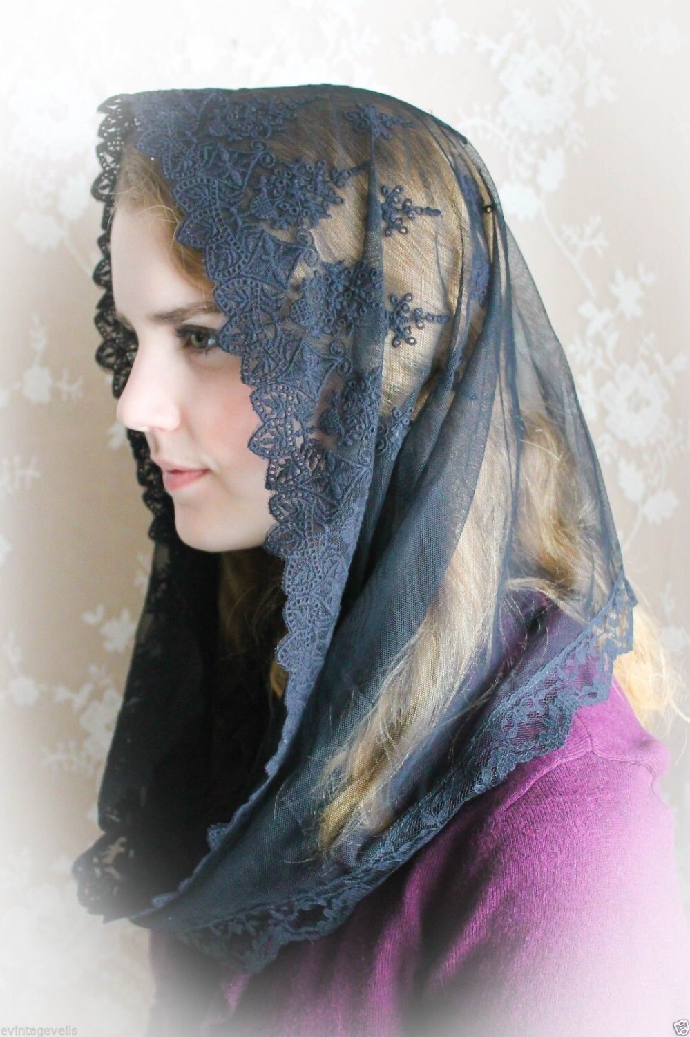 Evintage Veils~ Black French Lace Chapel Veil Mantilla Infinity Veil ...
