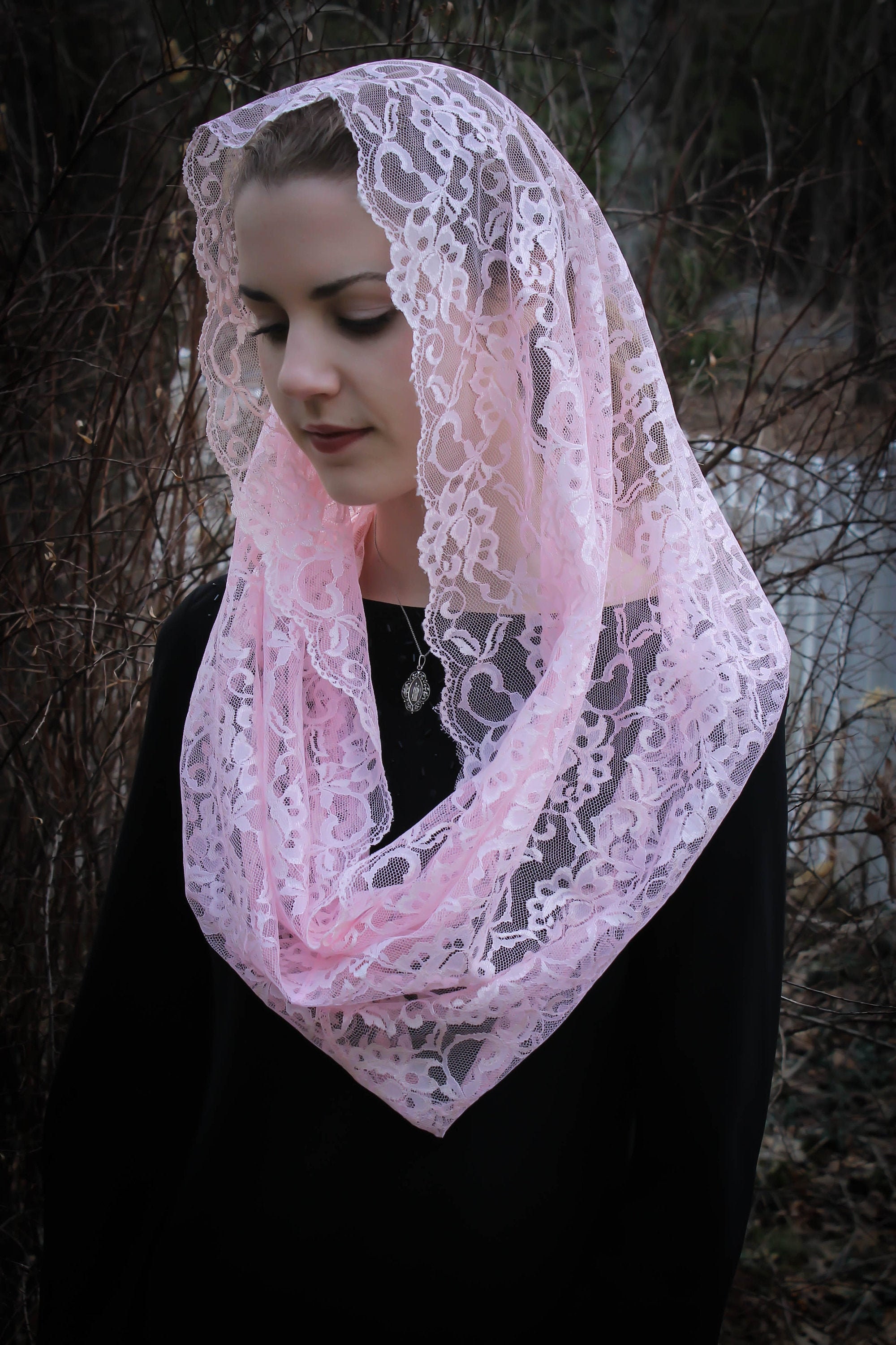 Evintage Veils~ Queen of Peace Shell Pink Embroidered Lace Chapel Veil ...
